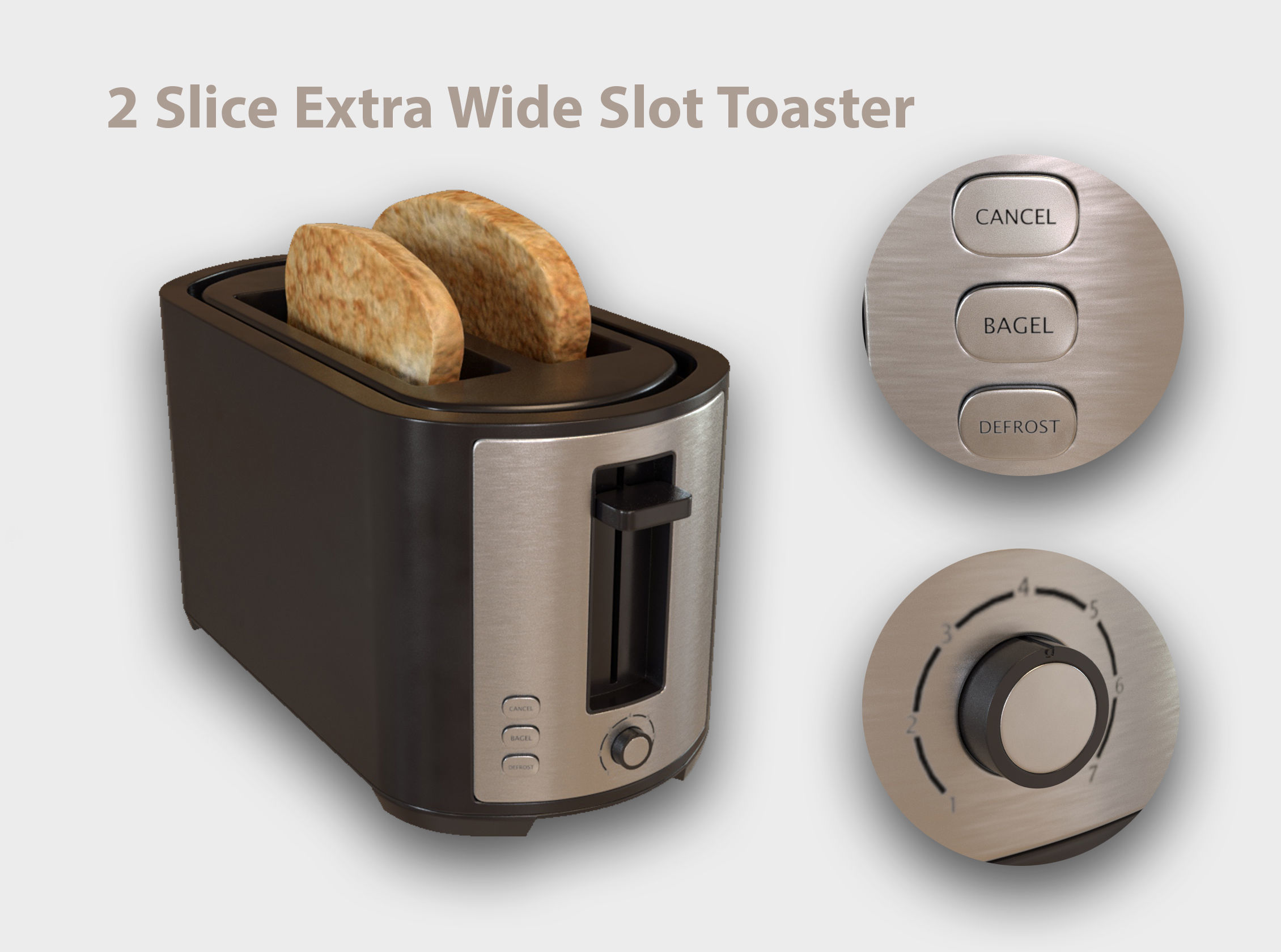3D model Two Slice Extra Wide Toaster VR / AR / low-poly | CGTrader