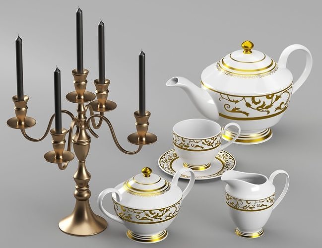 Tea set teapot and cup with gold trim 3D model | CGTrader