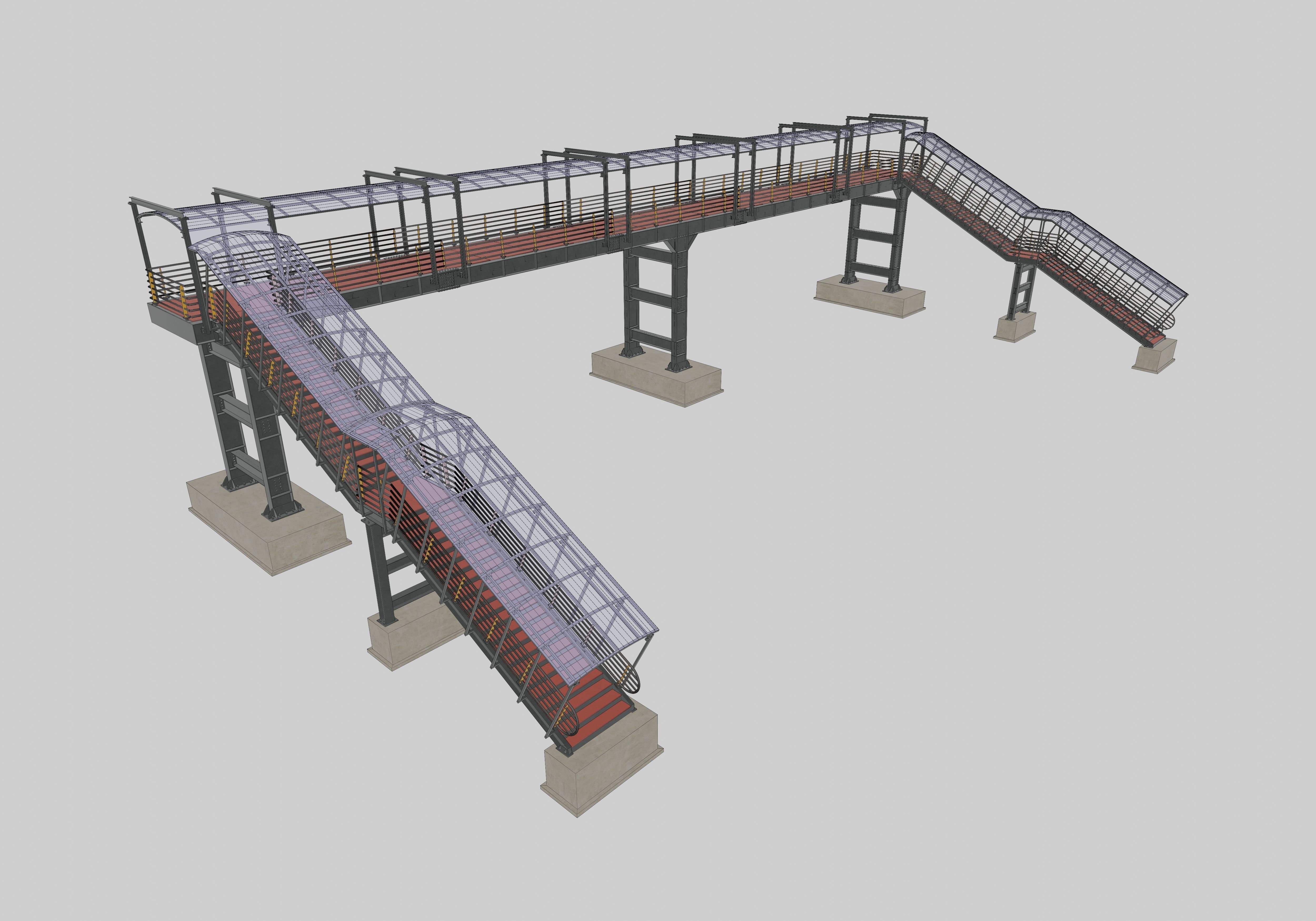 Steel Pedestrian Bridge-Three Columns-Pipe Rail-Straight Type-8 3D ...
