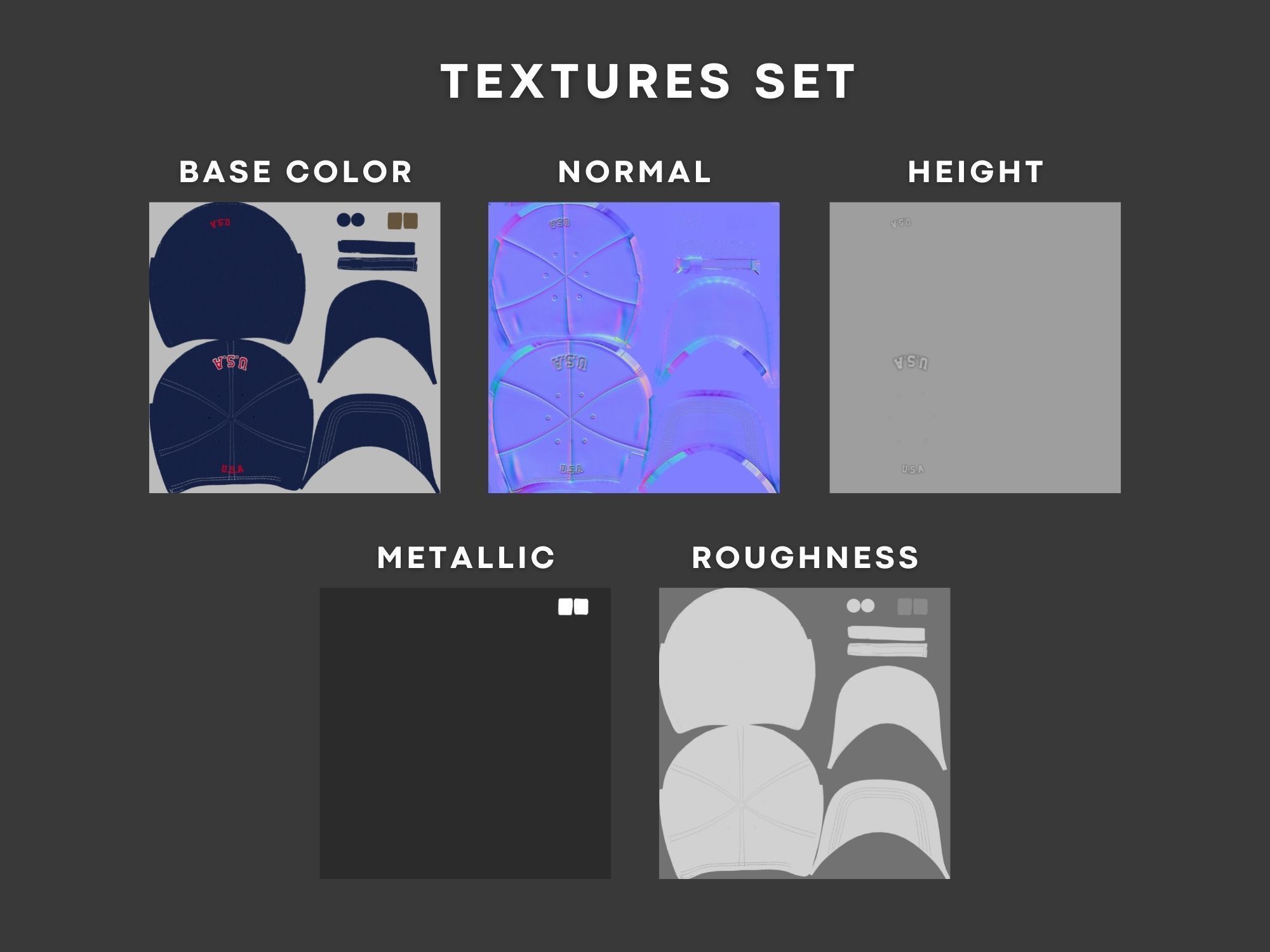 3D model Baseball Cap Embroidery USA - PBR textures 4K Blue VR / AR ...