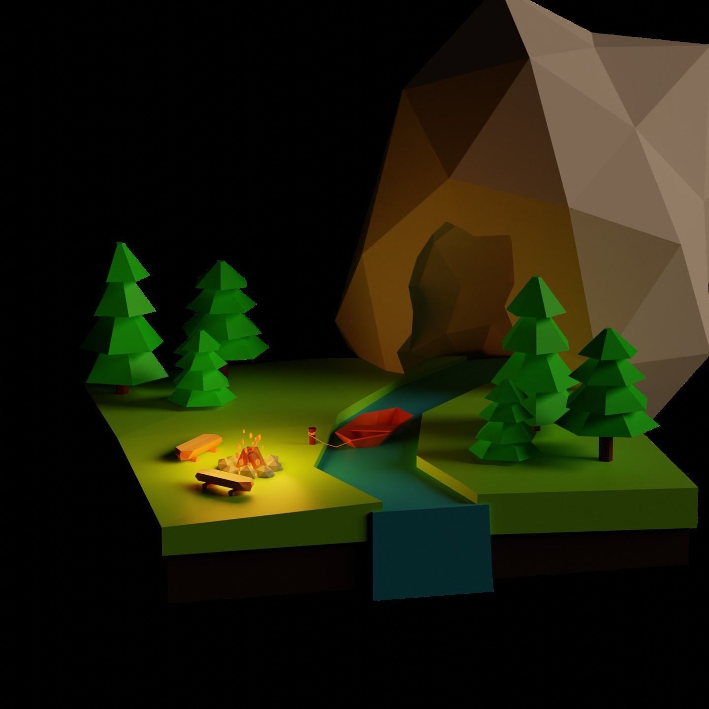 Low Poly Forest camping with campfire and trees free 3D model | CGTrader