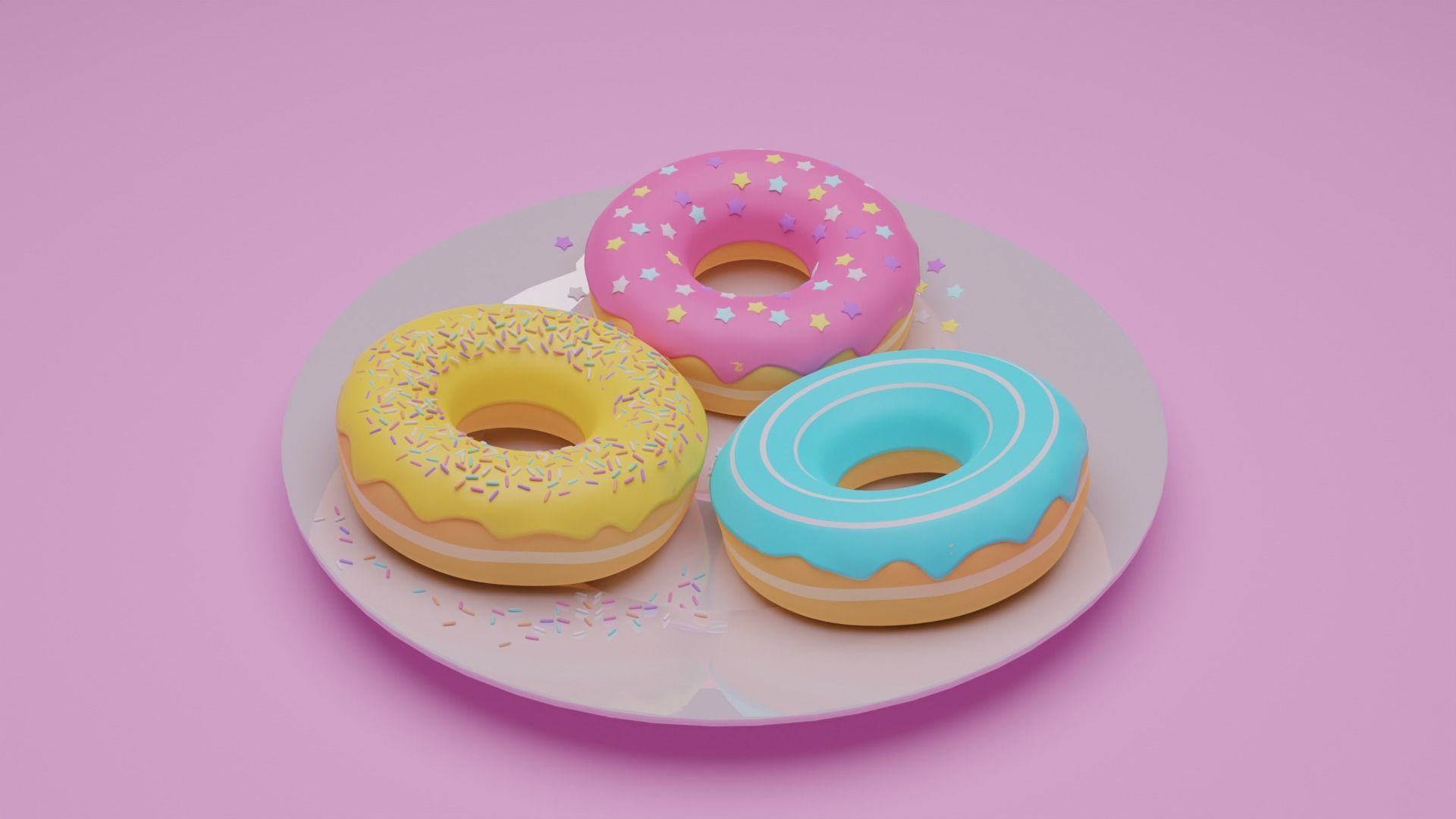 3D model Doughnut Low Poly three donuts on plate VR / AR / low-poly ...