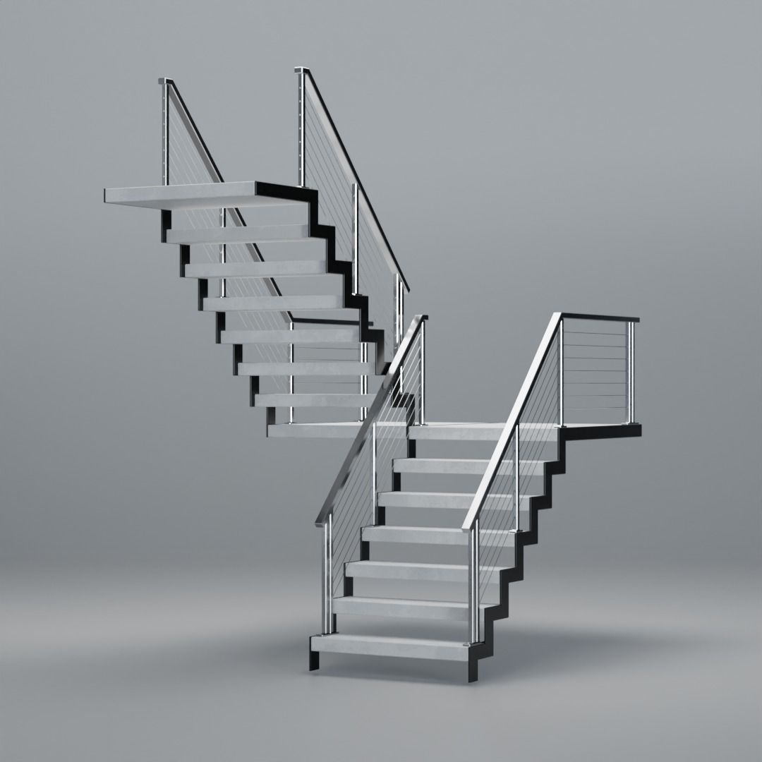 3D model U shaped stairs with concrete steps and stainless steel ...