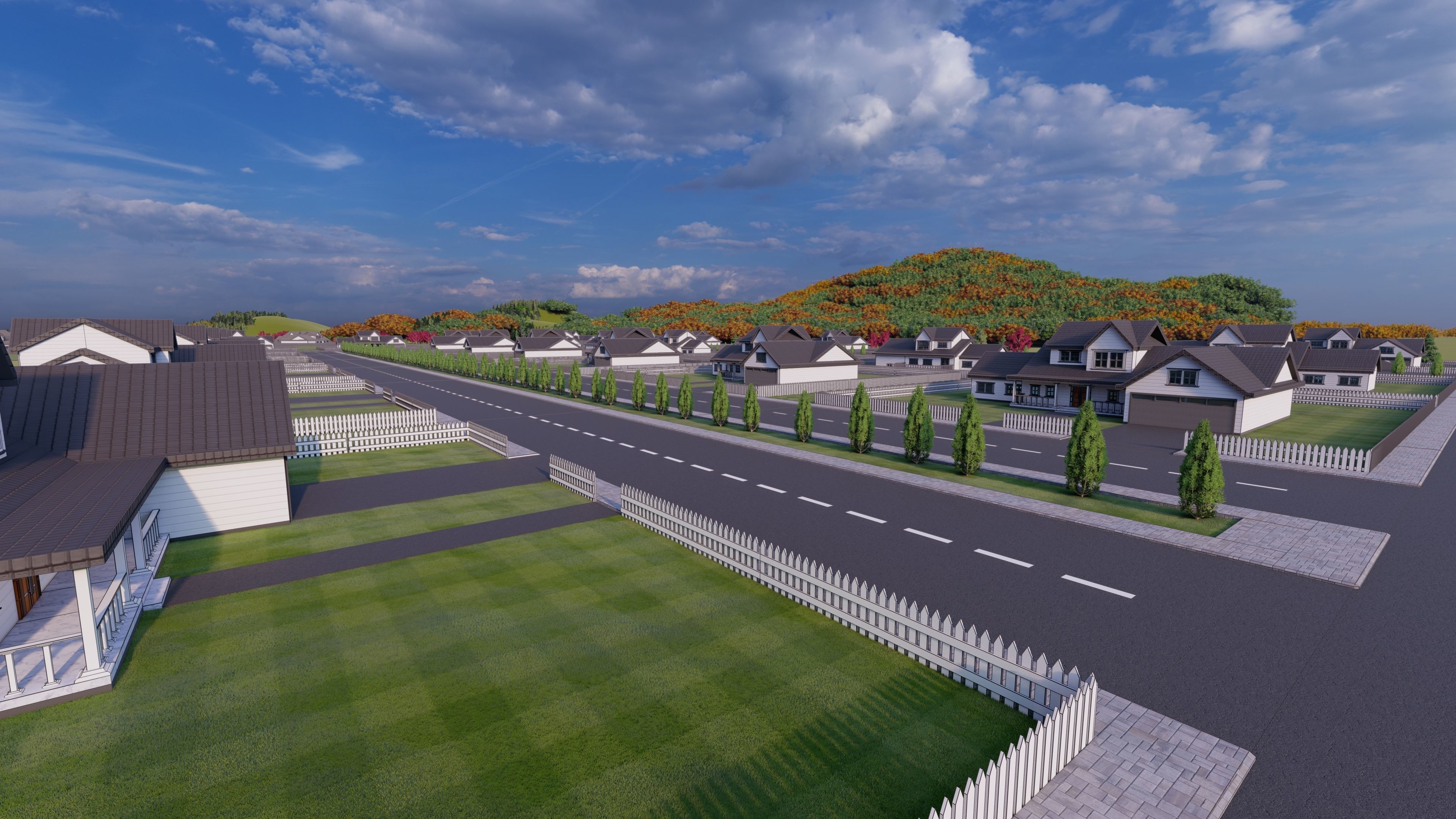 3D Neighborhood Model 8 street with houses and cars at sunset 3D model ...