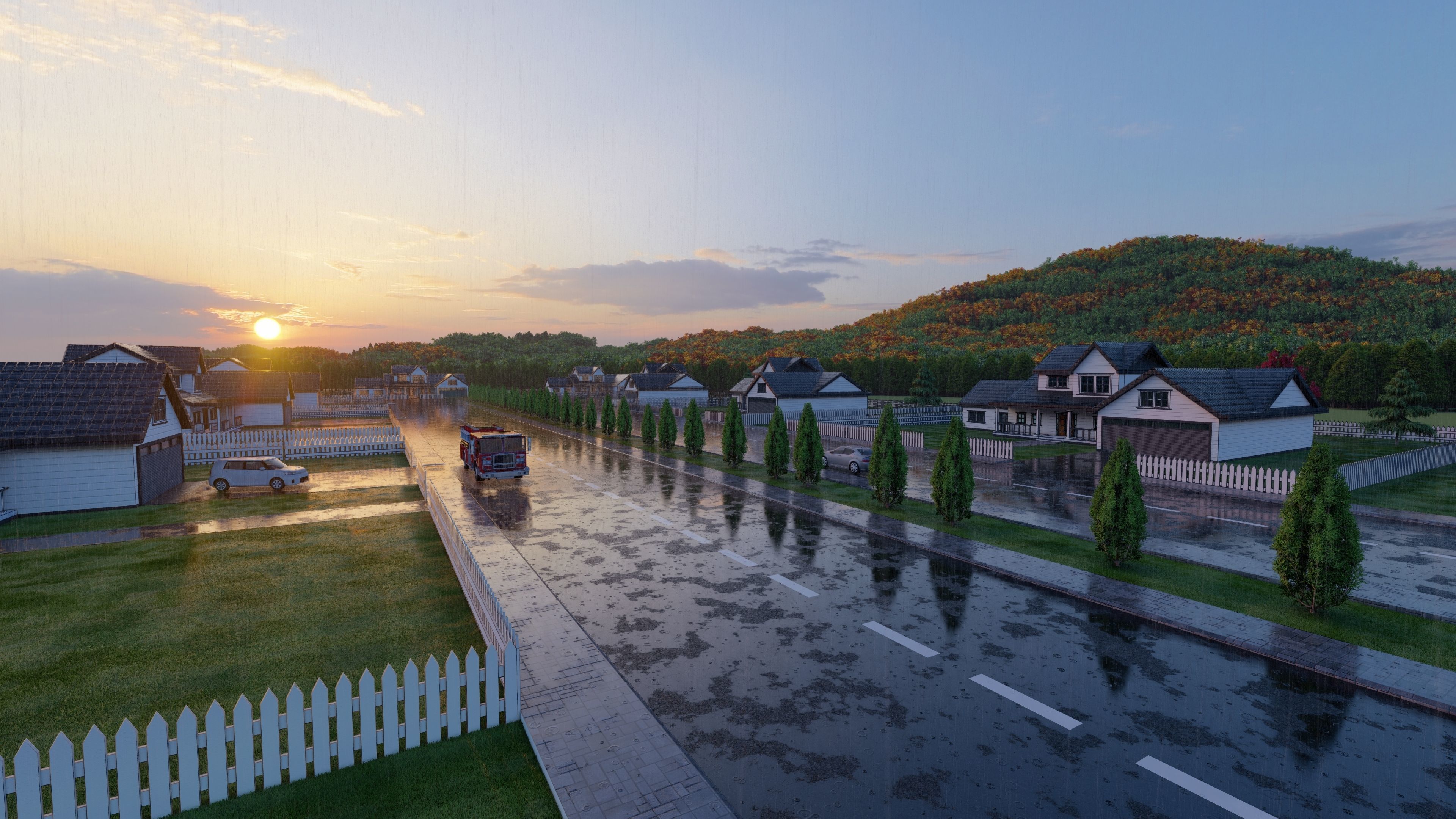 3D Neighborhood Model 8 street with houses and cars at sunset 3D model ...