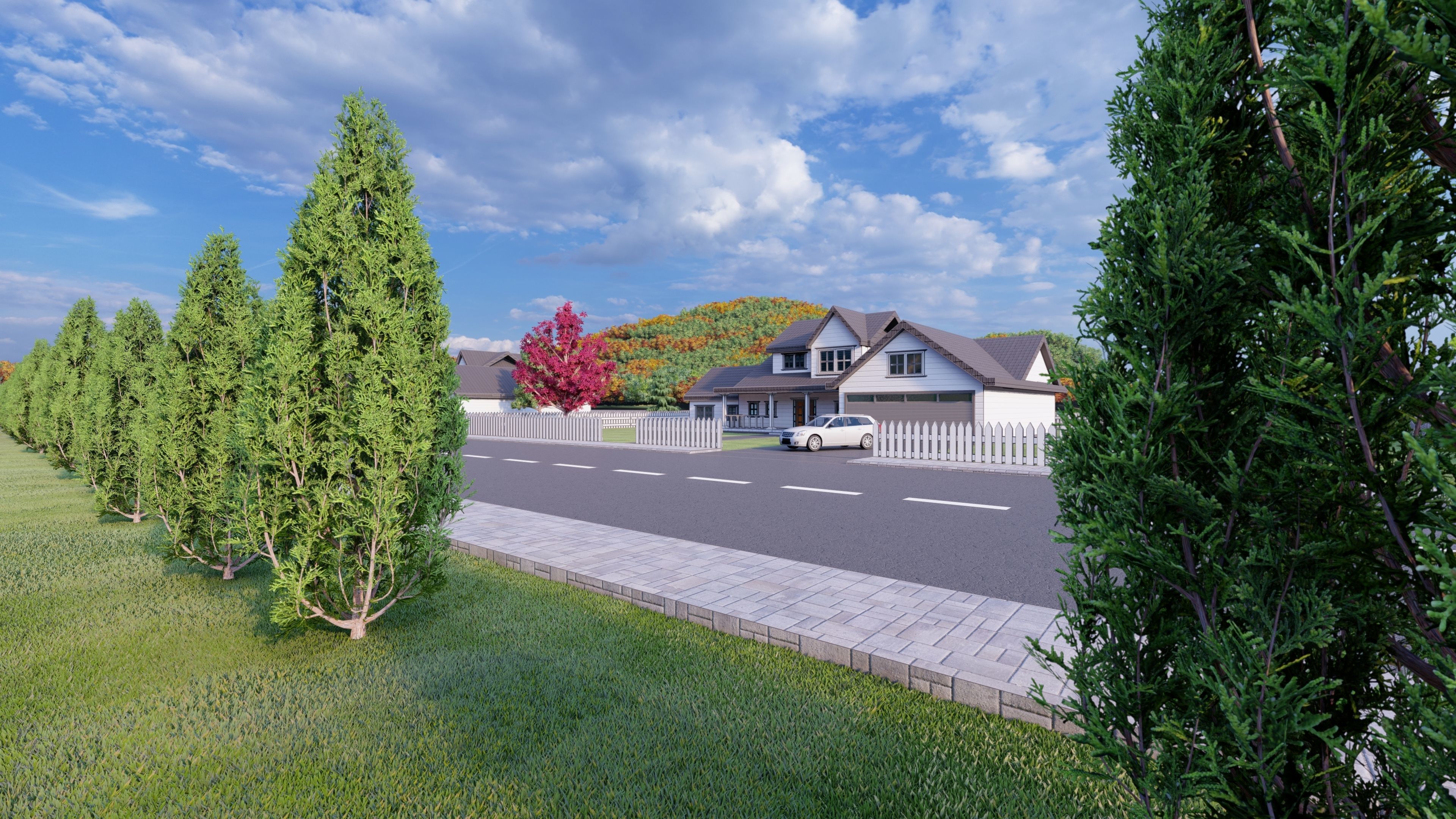 3D Neighborhood Model 8 street with houses and cars at sunset 3D model ...