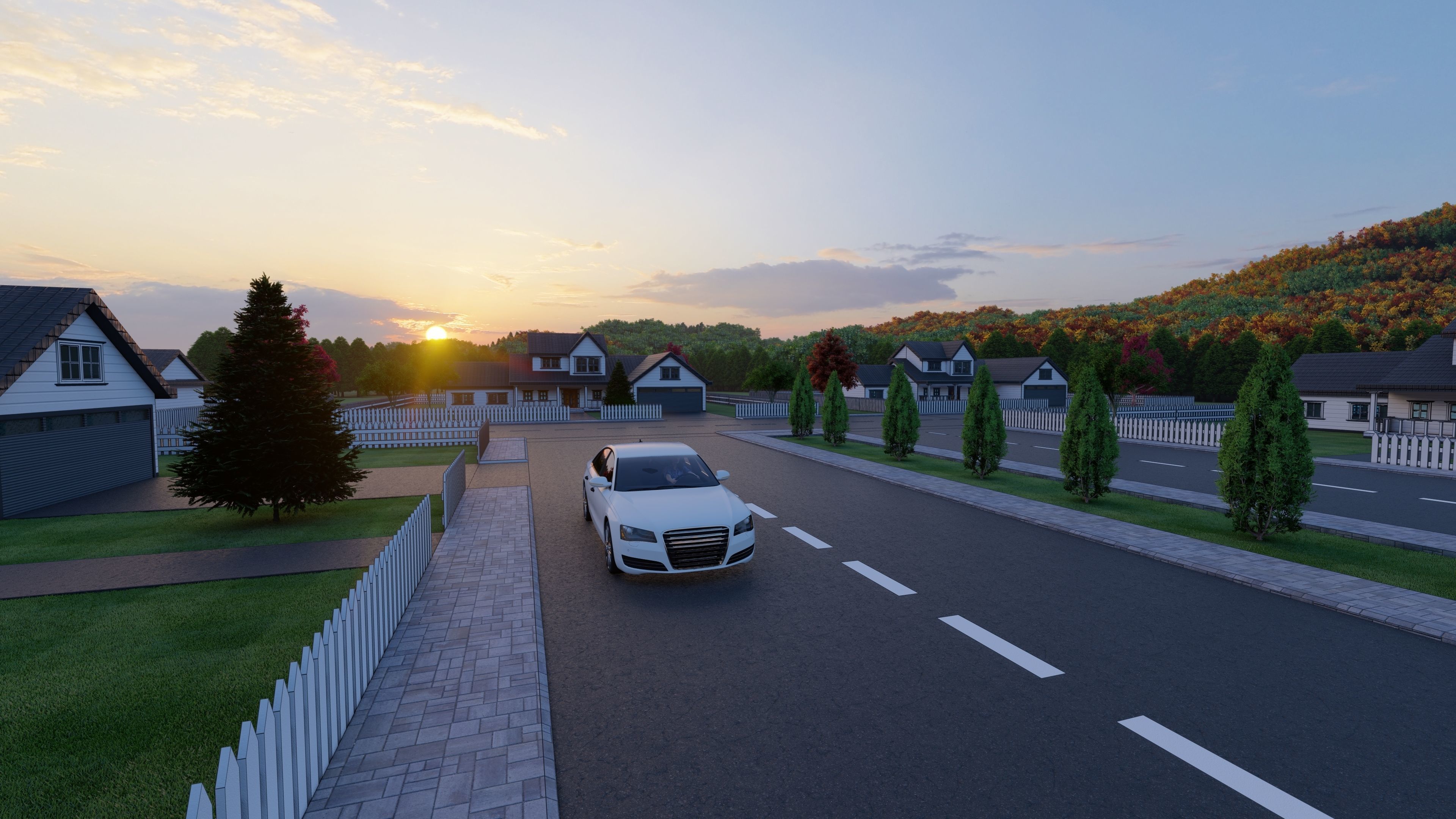 3D Neighborhood Model 8 street with houses and cars at sunset 3D model ...