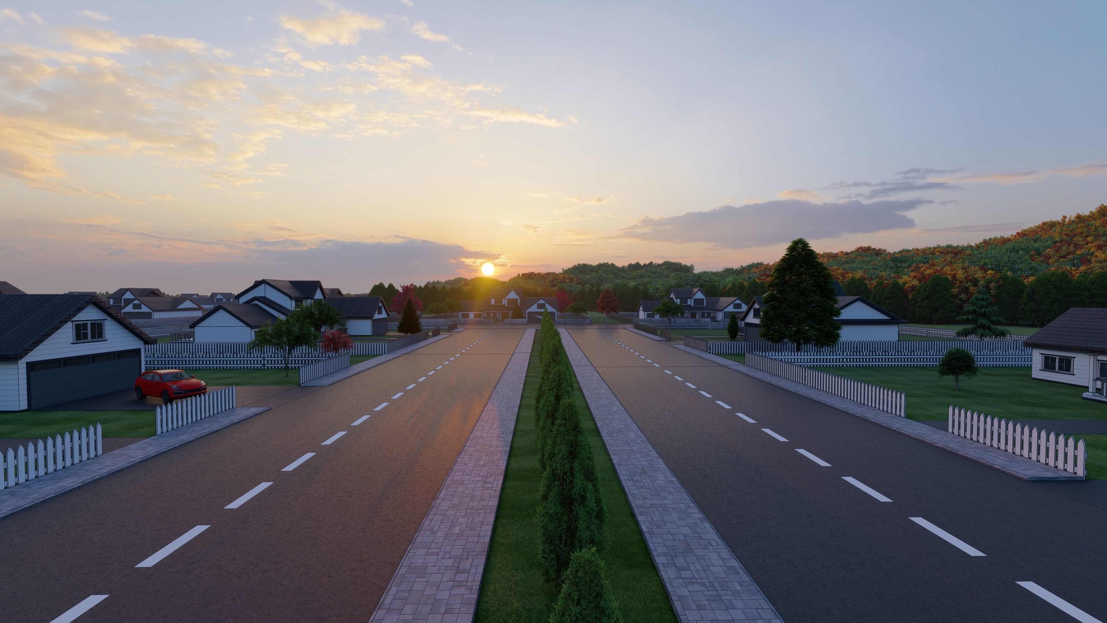 3D Neighborhood Model 8 street with houses and cars at sunset 3D model ...