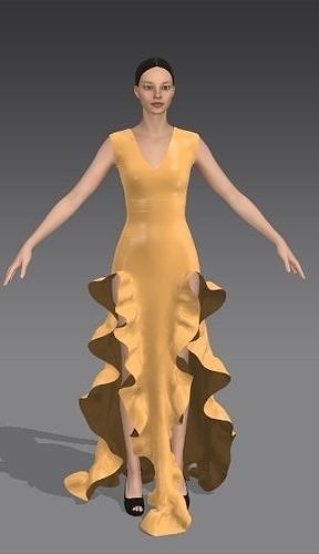 DRESS RUFFLED HEAVY FABRIC LOOK SHINE SLIT FASHION WEAR 3D model | CGTrader