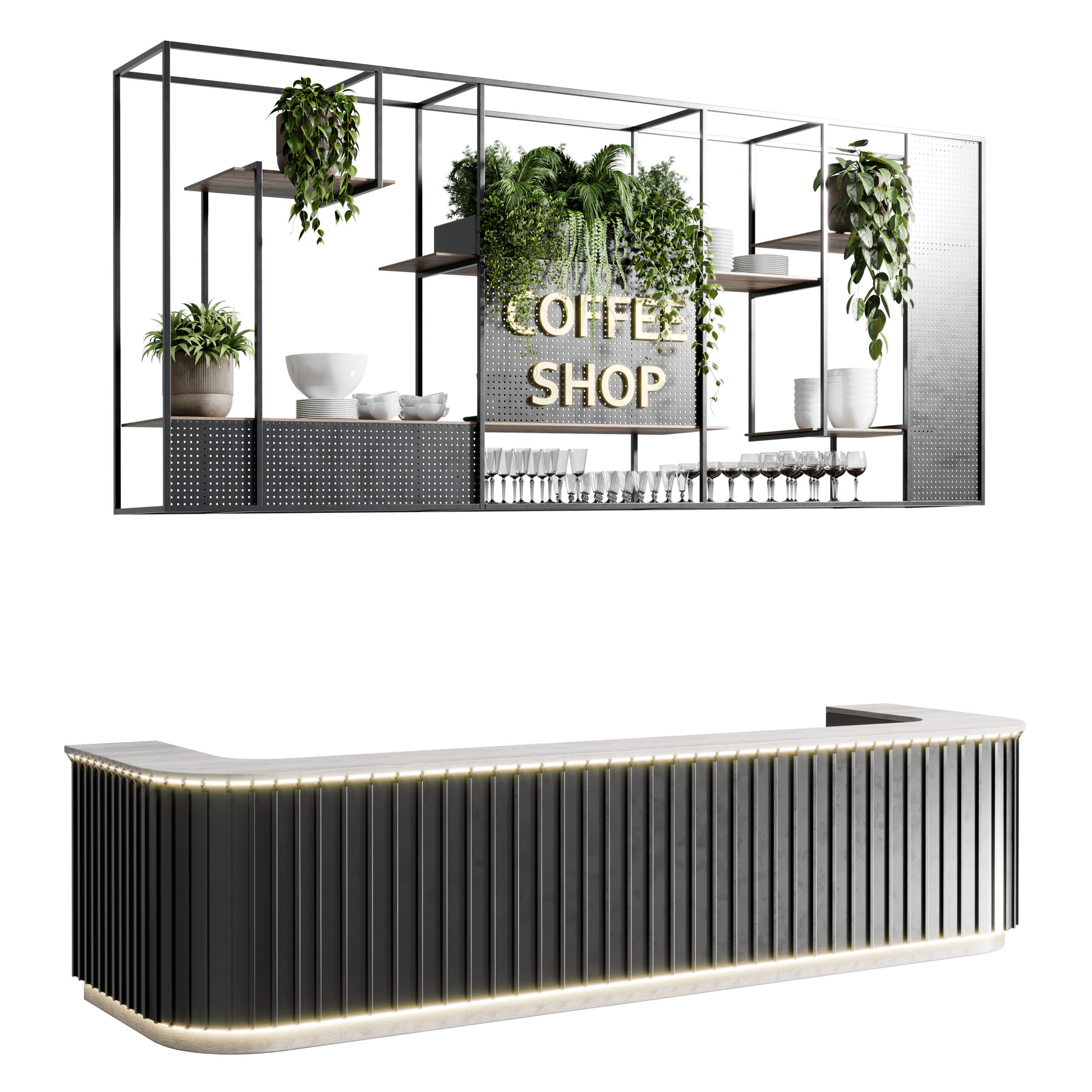 Coffee shop reception Restaurant counter by hanging plant 3D model ...