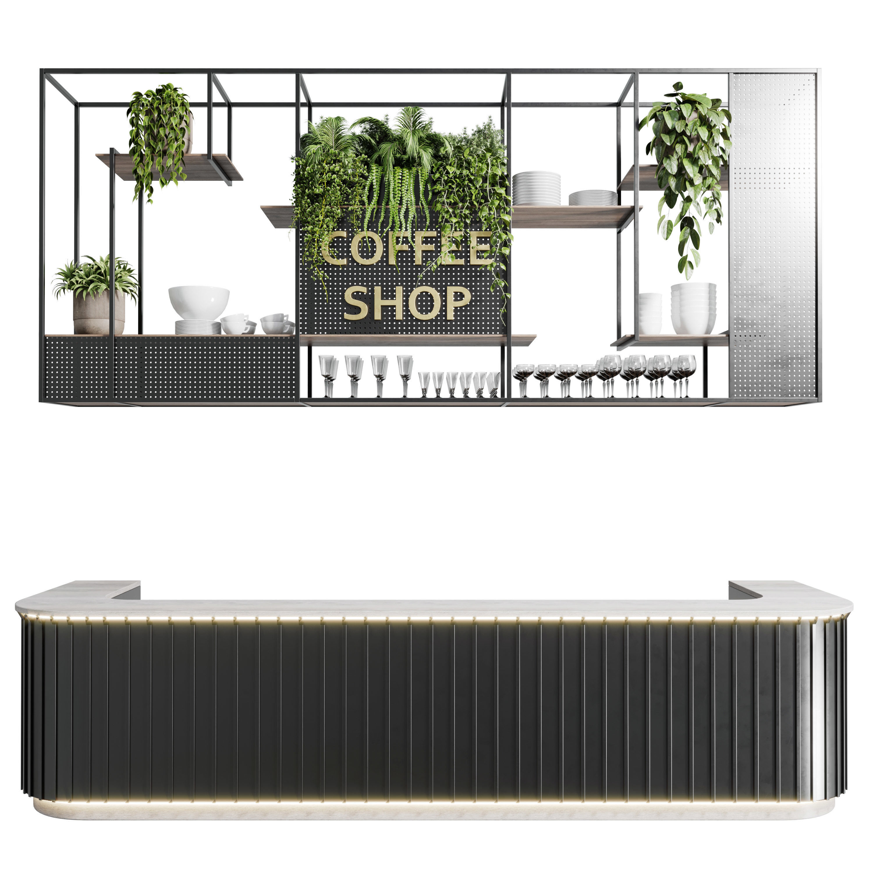 Coffee shop reception Restaurant counter by hanging plant 3D model ...