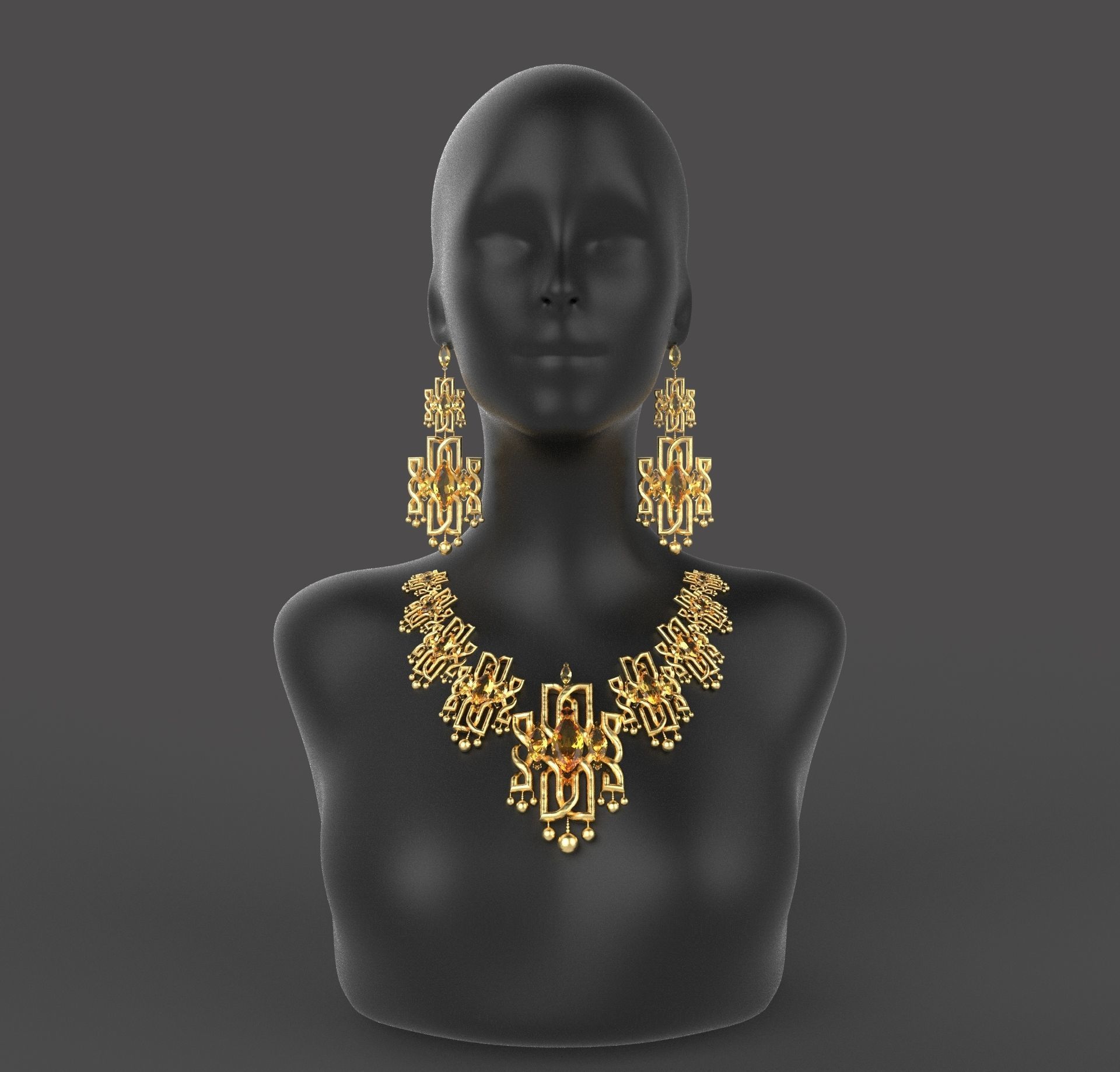 jwellery gold necklace and earrings set on mannequin 3D model | CGTrader