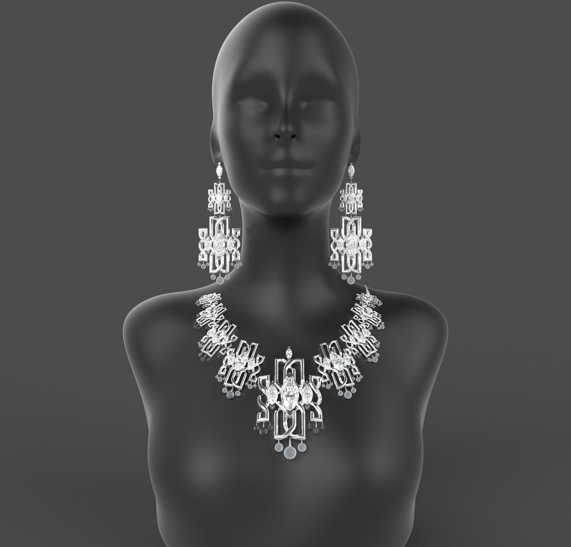 jwellery gold necklace and earrings set on mannequin 3D model | CGTrader