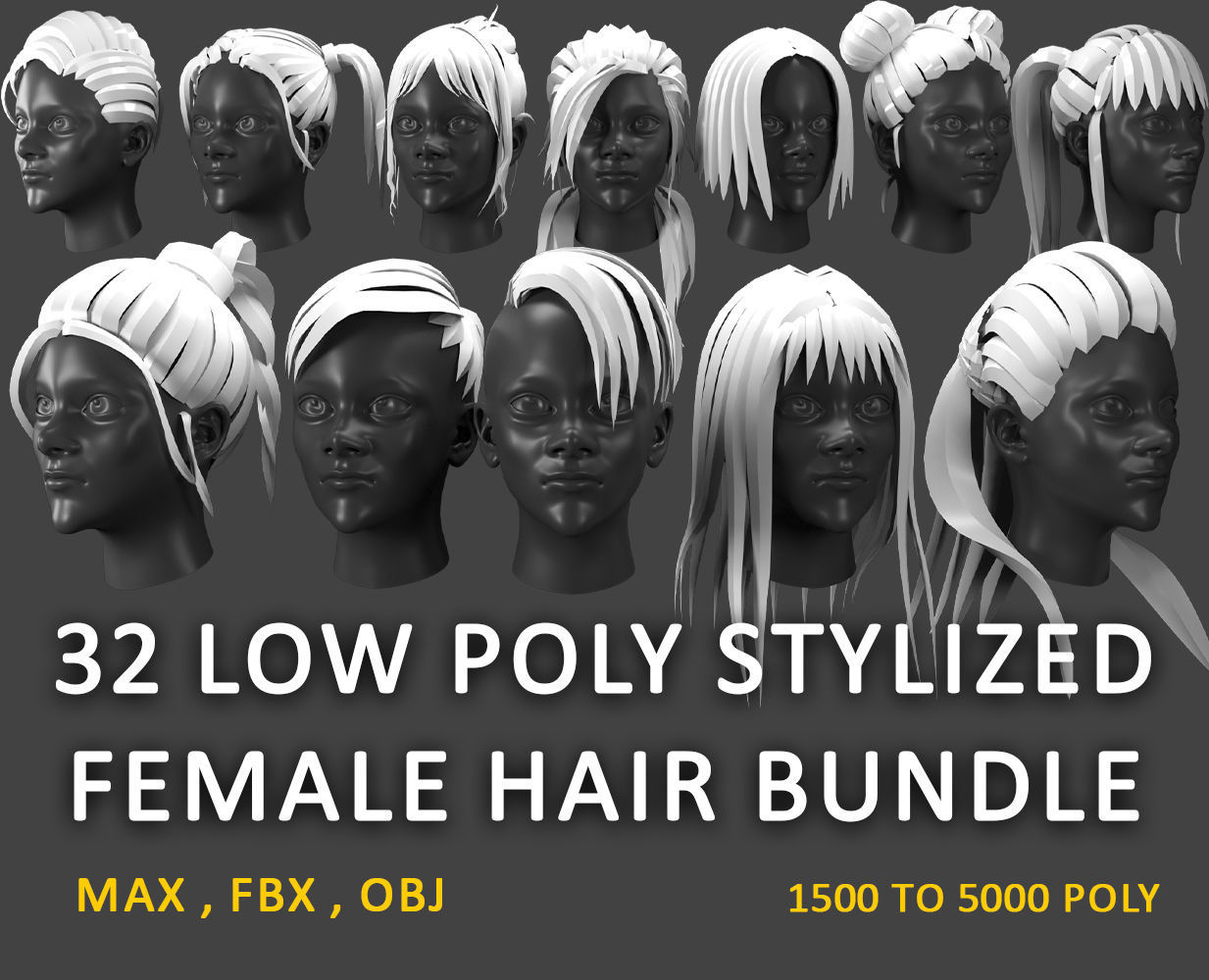 3D model low poly stylized female hair bundle VR / AR / low-poly | CGTrader