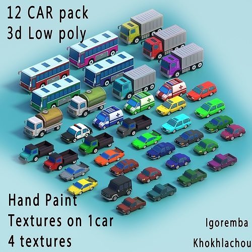 3D model 12 car Low-poly pack and 39-textures VR / AR / low-poly | CGTrader