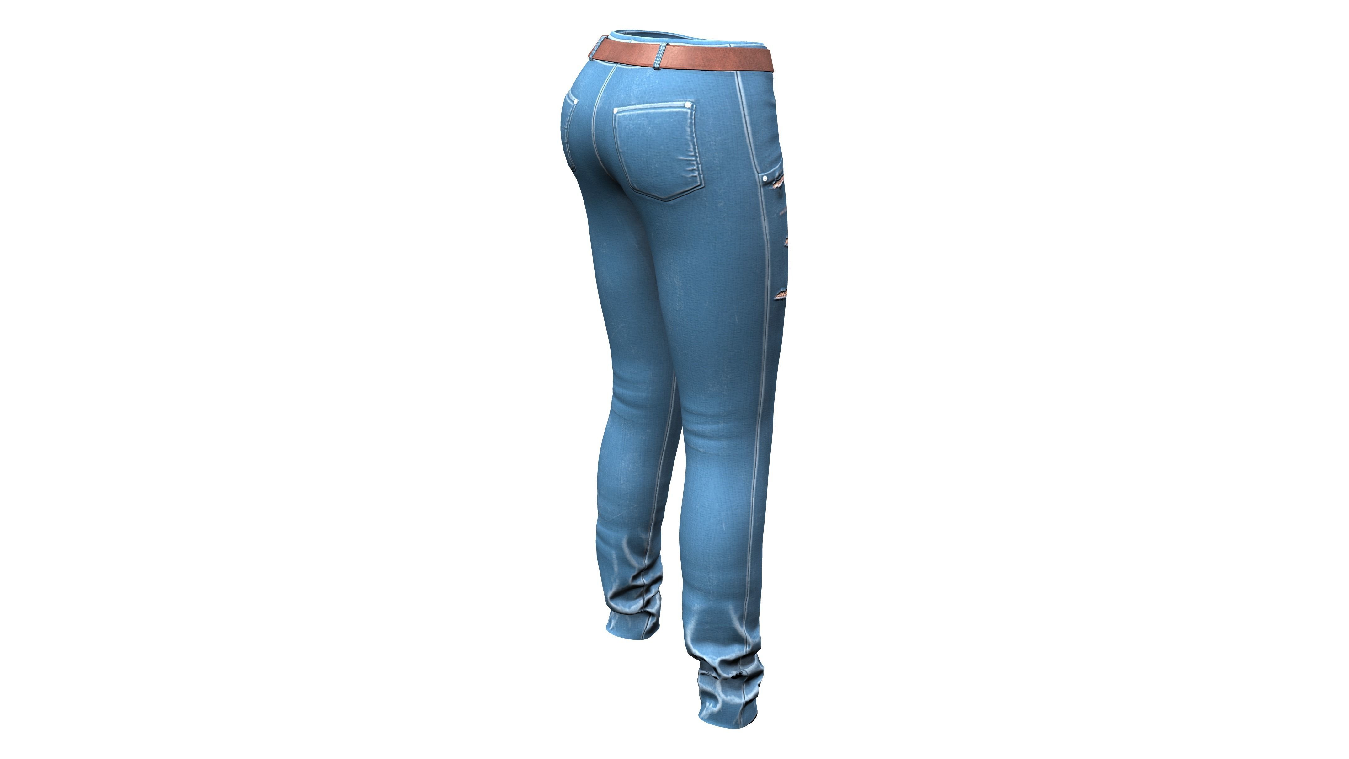 3d Model Rough Torn Effect Jeans Denims Pants With Belt Vr Ar Low