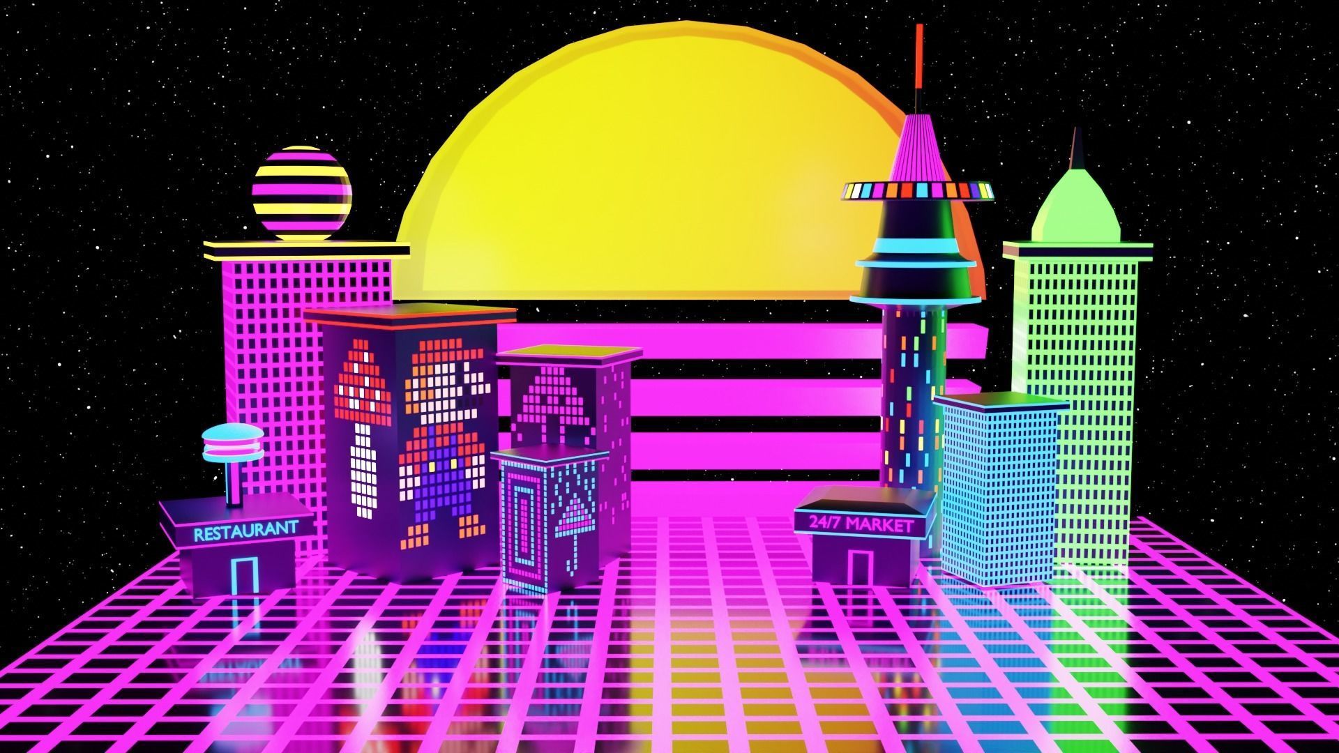 3D model Synthwave Neon Retro City VR / AR / low-poly | CGTrader