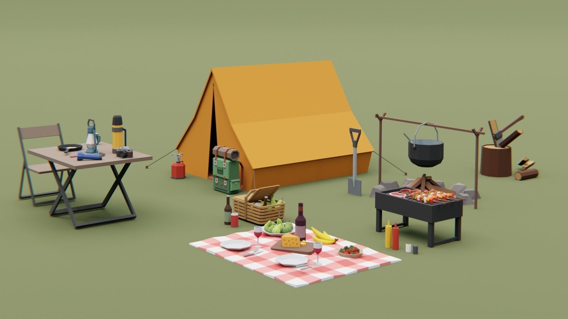3D model Camping picnic bbq props assets pack VR / AR / low-poly | CGTrader