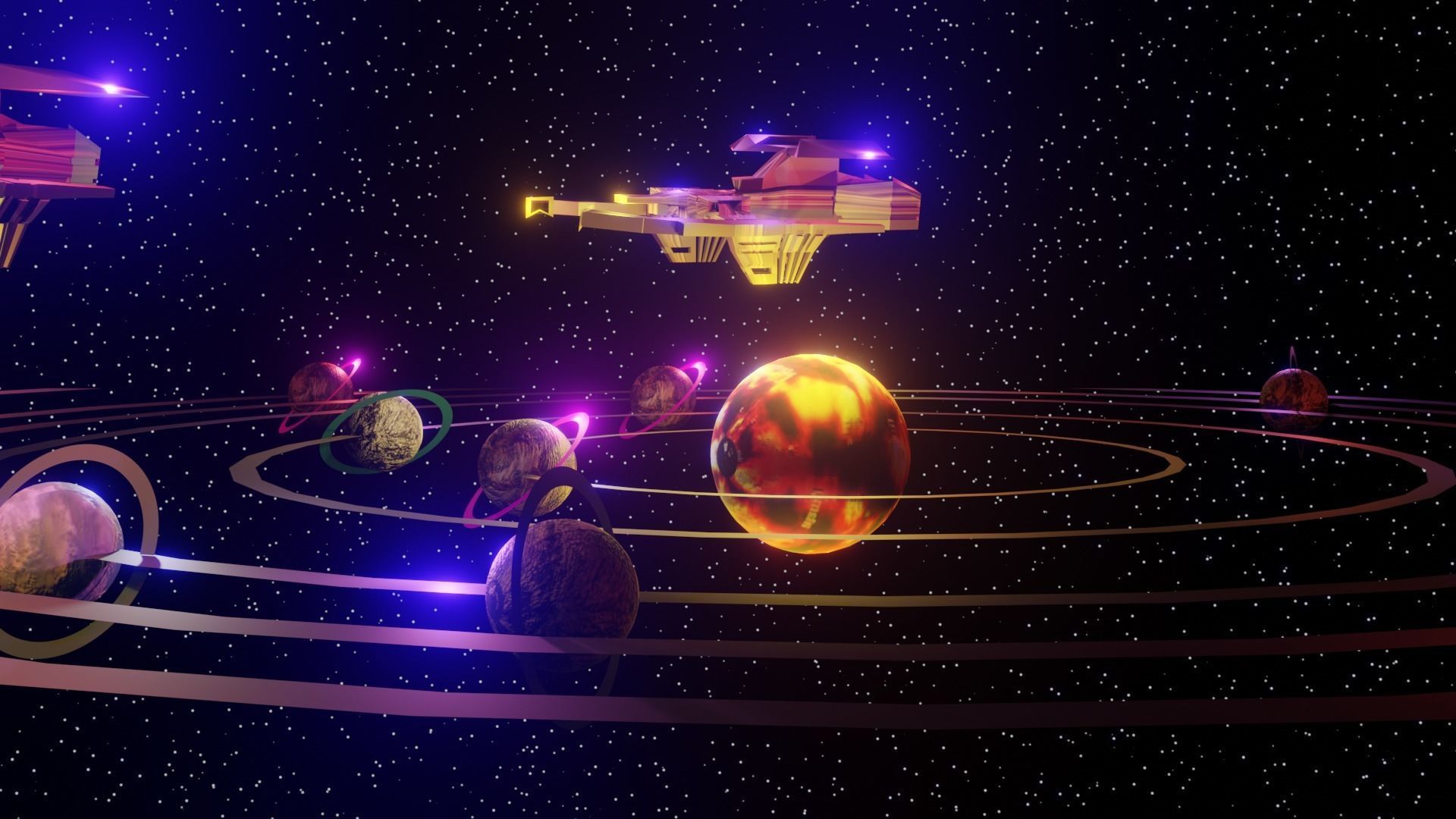 3D model universe 3d model planet in space with flying saucer VR / AR ...