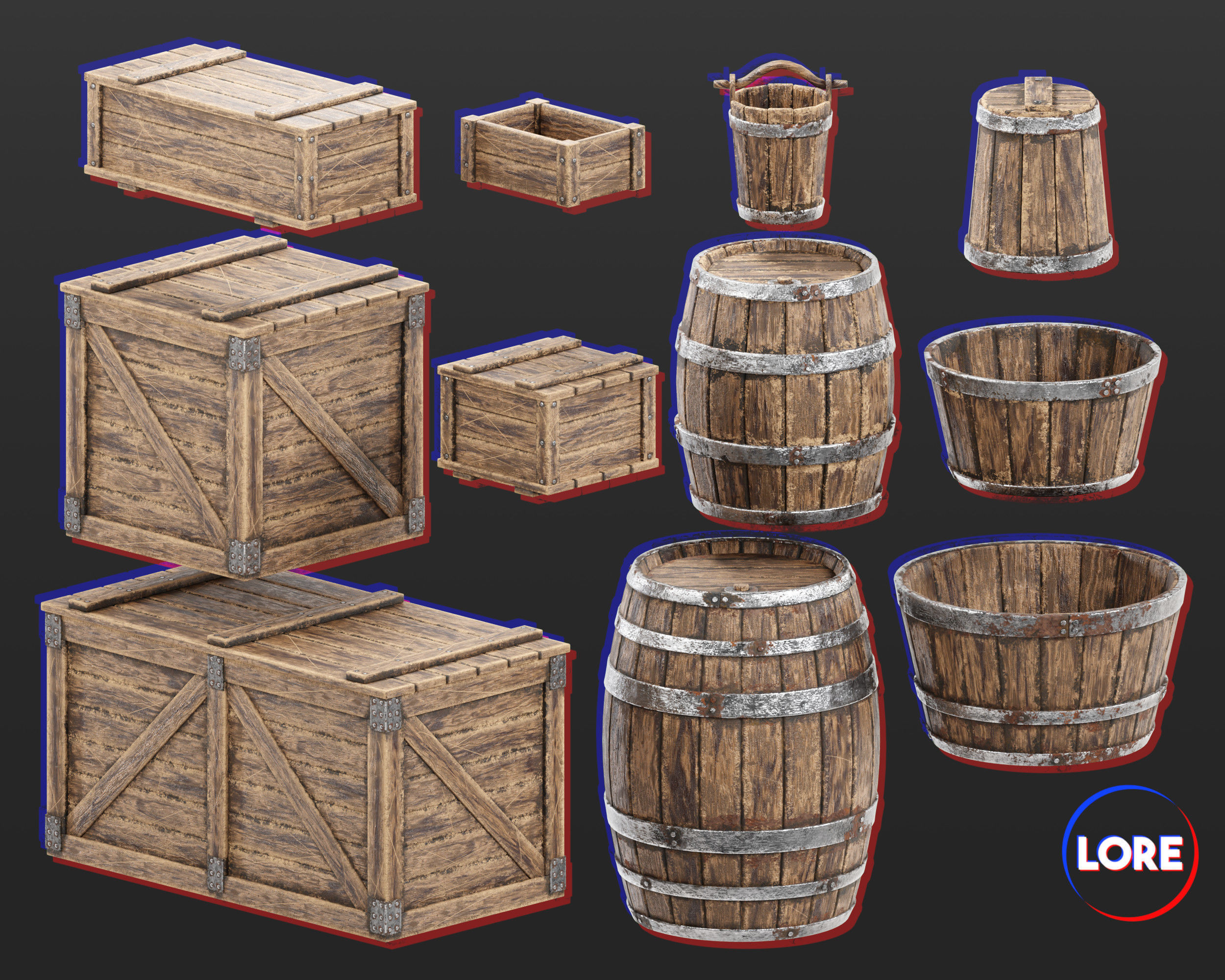 Medieval Collection Containers Wood Crates and Barrels VR / AR / low ...