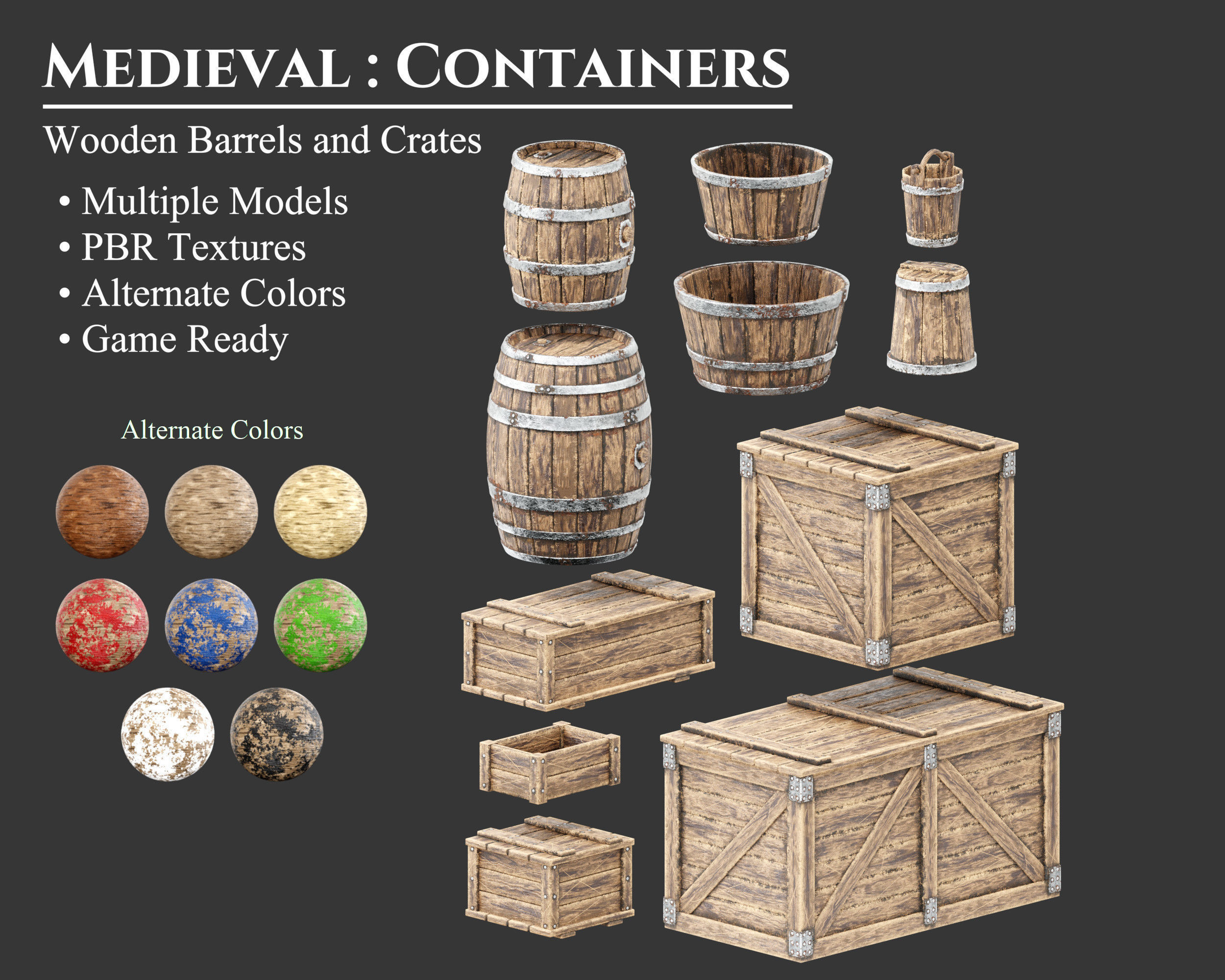 Medieval Collection Containers Wood Crates and Barrels VR / AR / low ...