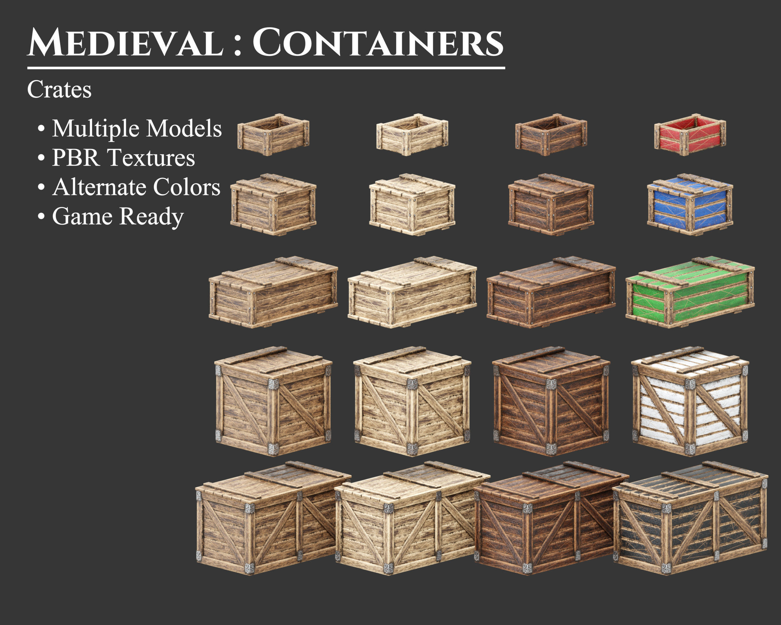 Medieval Collection Containers Wood Crates and Barrels VR / AR / low ...