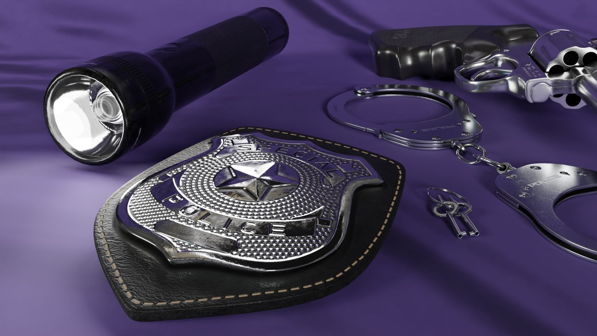 Detective Props Kit - Magnum Gun-Bullet-Police Badge-Handcuffs 3D model ...