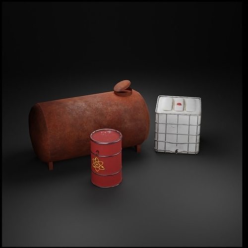3D model Low poly containers collection three rusty barrels and can VR ...