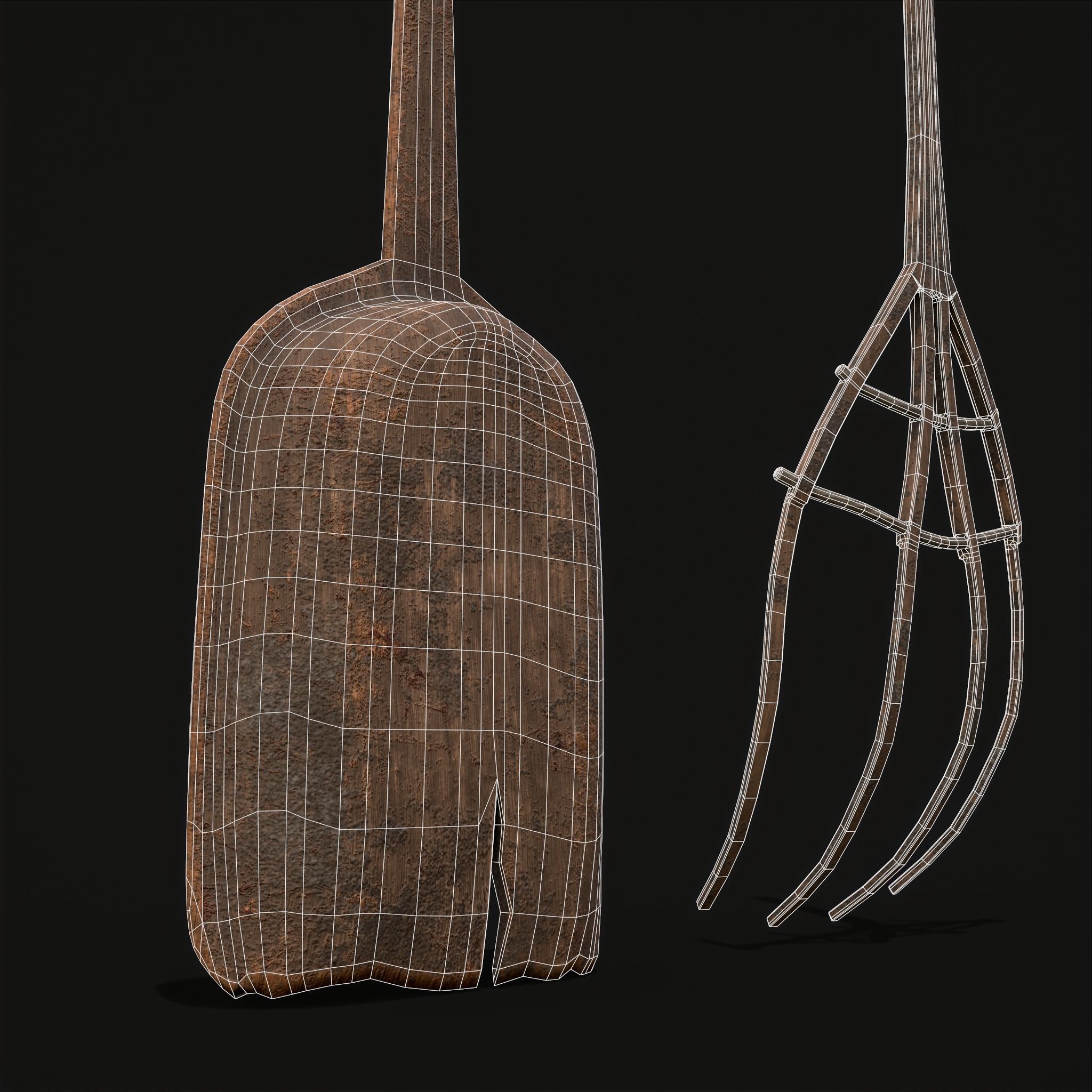 3D model Rustic Medieval Wooden Shovel and Rake VR / AR / low-poly ...