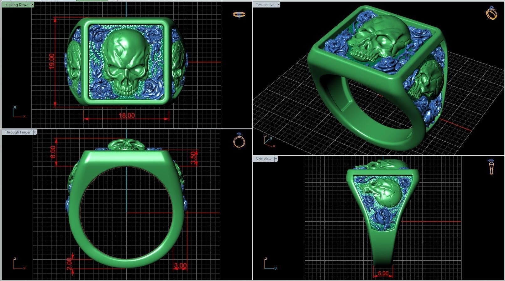 Skull Head Roses Flower Thorns Square Engraved Signet 3D model 3D ...