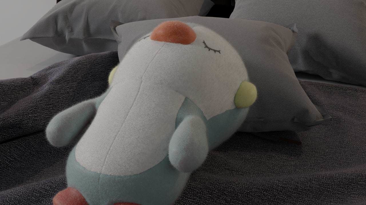 Plushie penguin stuffed animal on bed 3D model | CGTrader