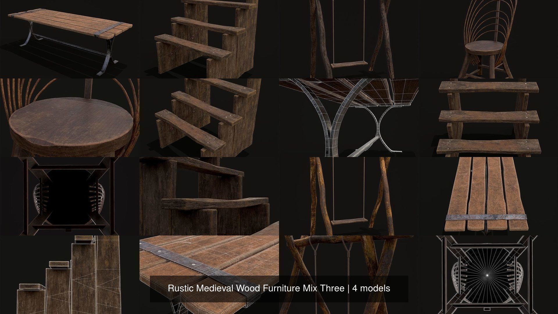 3D Model Collection Rustic Medieval Wood Furniture Mix Three VR / AR ...