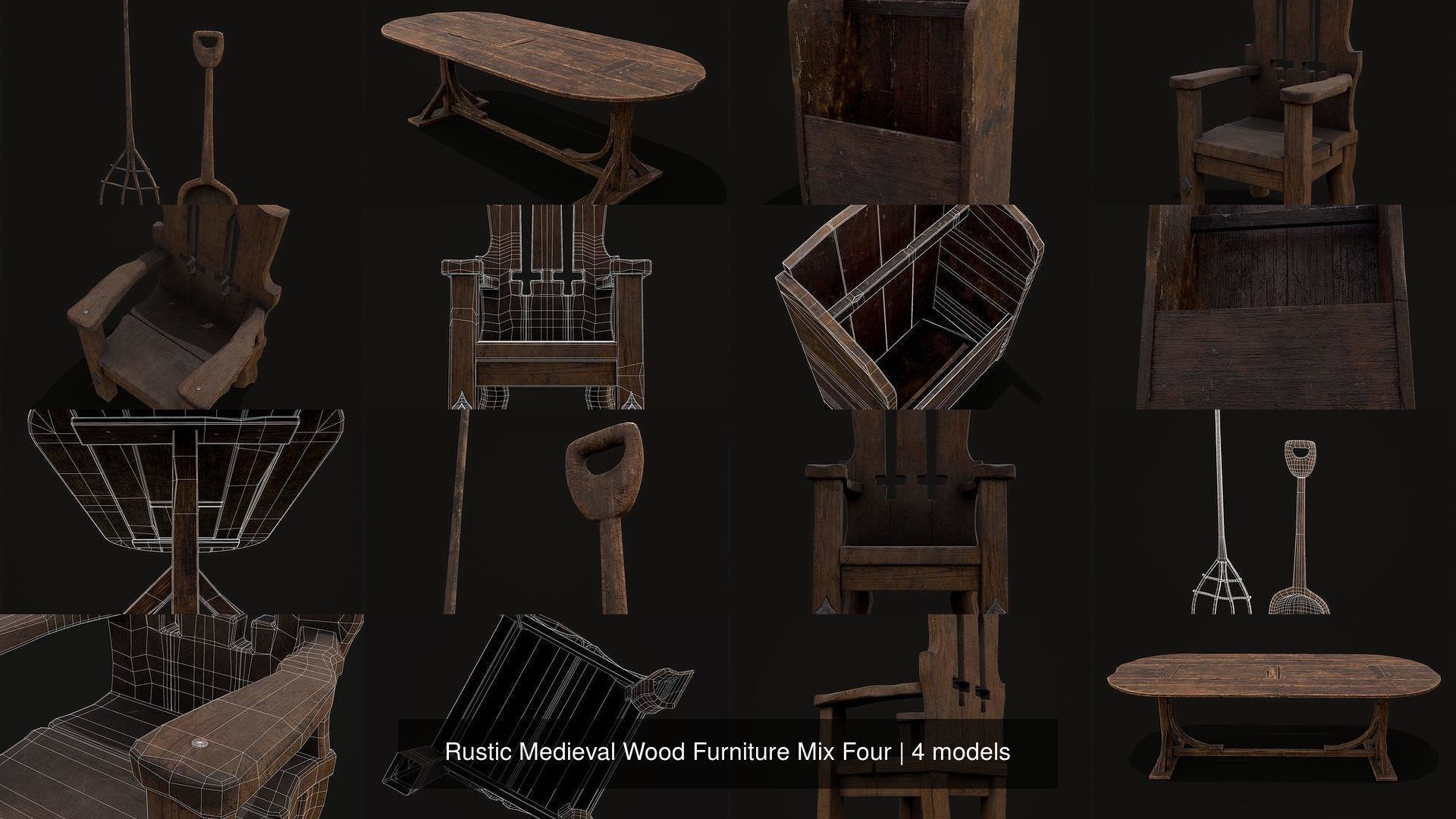 3D Model Collection Rustic Medieval Wood Furniture Mix Four VR / AR ...