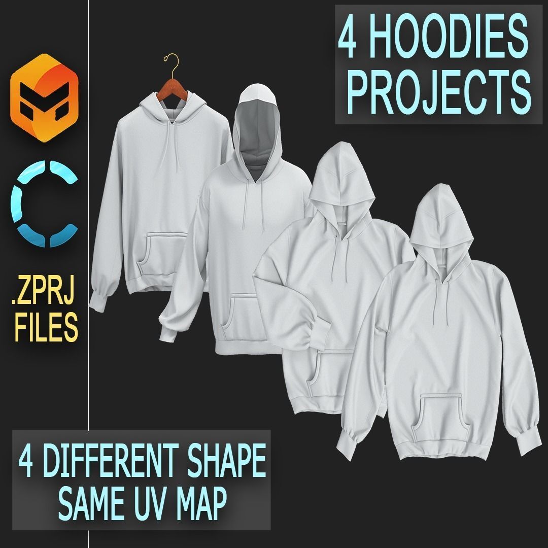 4 Hoodies Projects MARVELOUS DESIGNER - CLO3D 4 different shape 3D ...