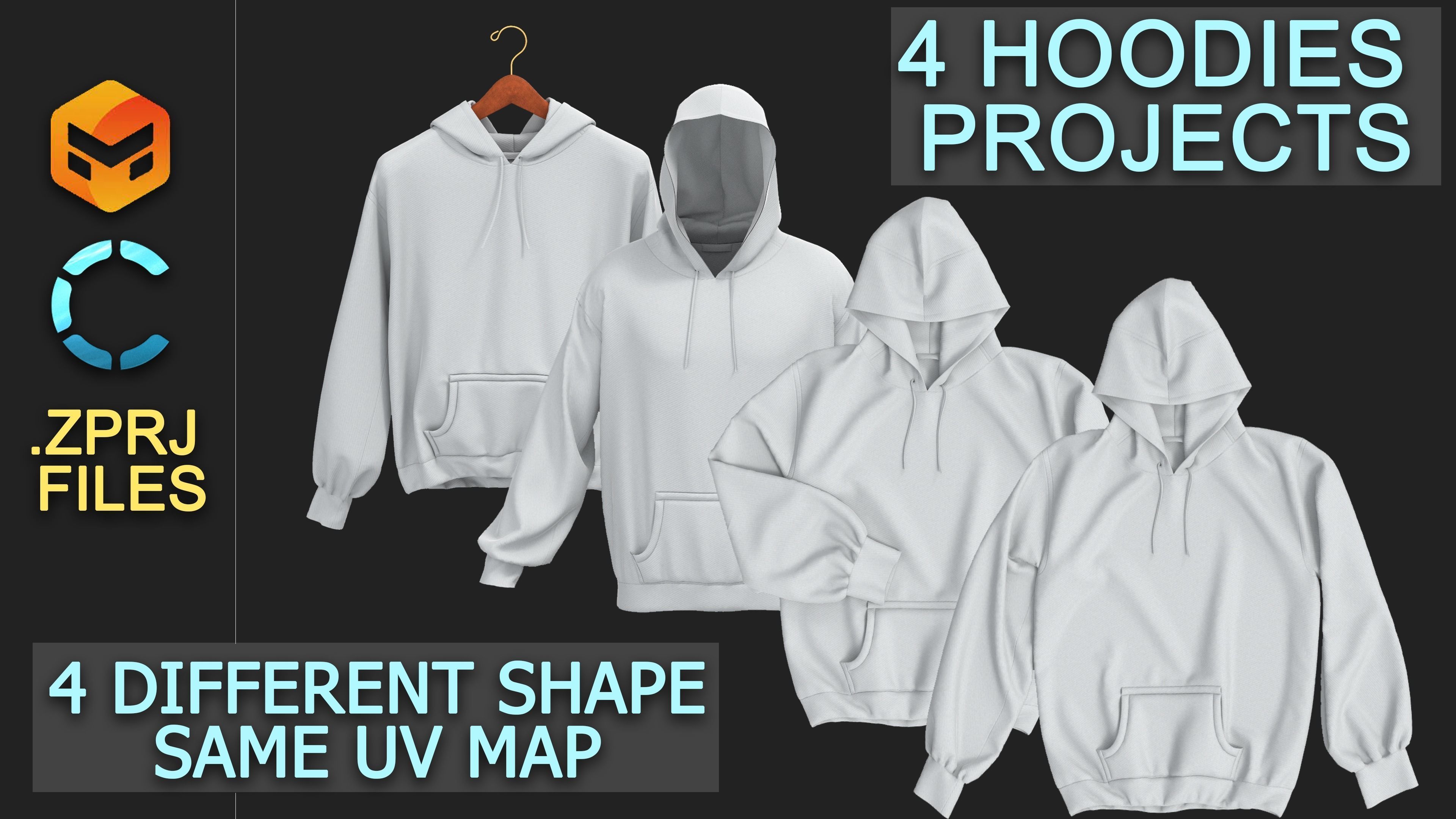 4 Hoodies Projects MARVELOUS DESIGNER - CLO3D 4 different shape 3D ...