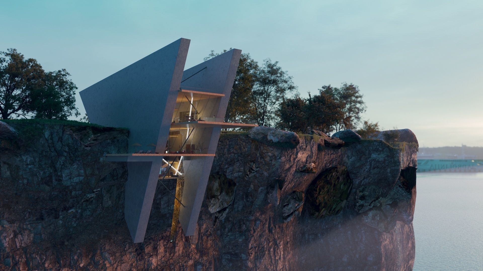 Beach Mountain cliff house Modern architecture Revit and 3ds max 3D ...