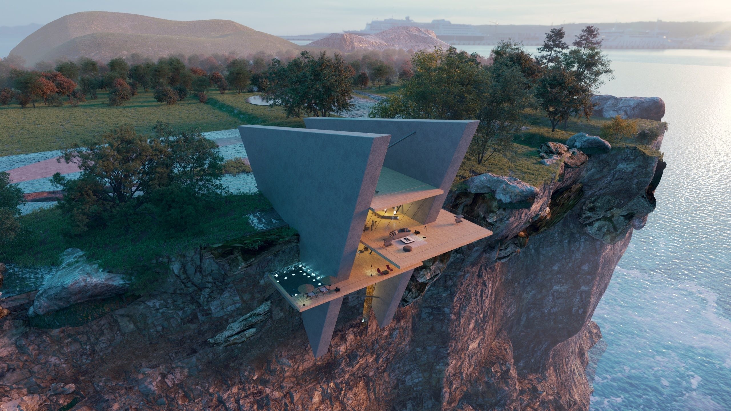 Beach Mountain cliff house Modern architecture Revit and 3ds max 3D ...