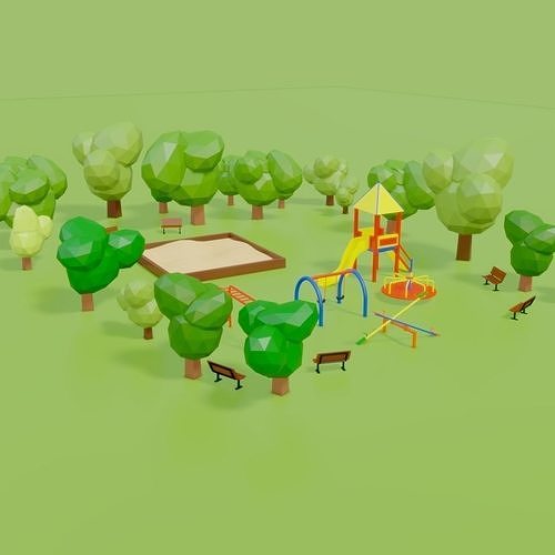 Low Poly Park playground with trees and benches 3D model | CGTrader