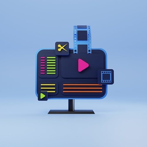 3D Illustration computer with video editing setup process 3D model ...