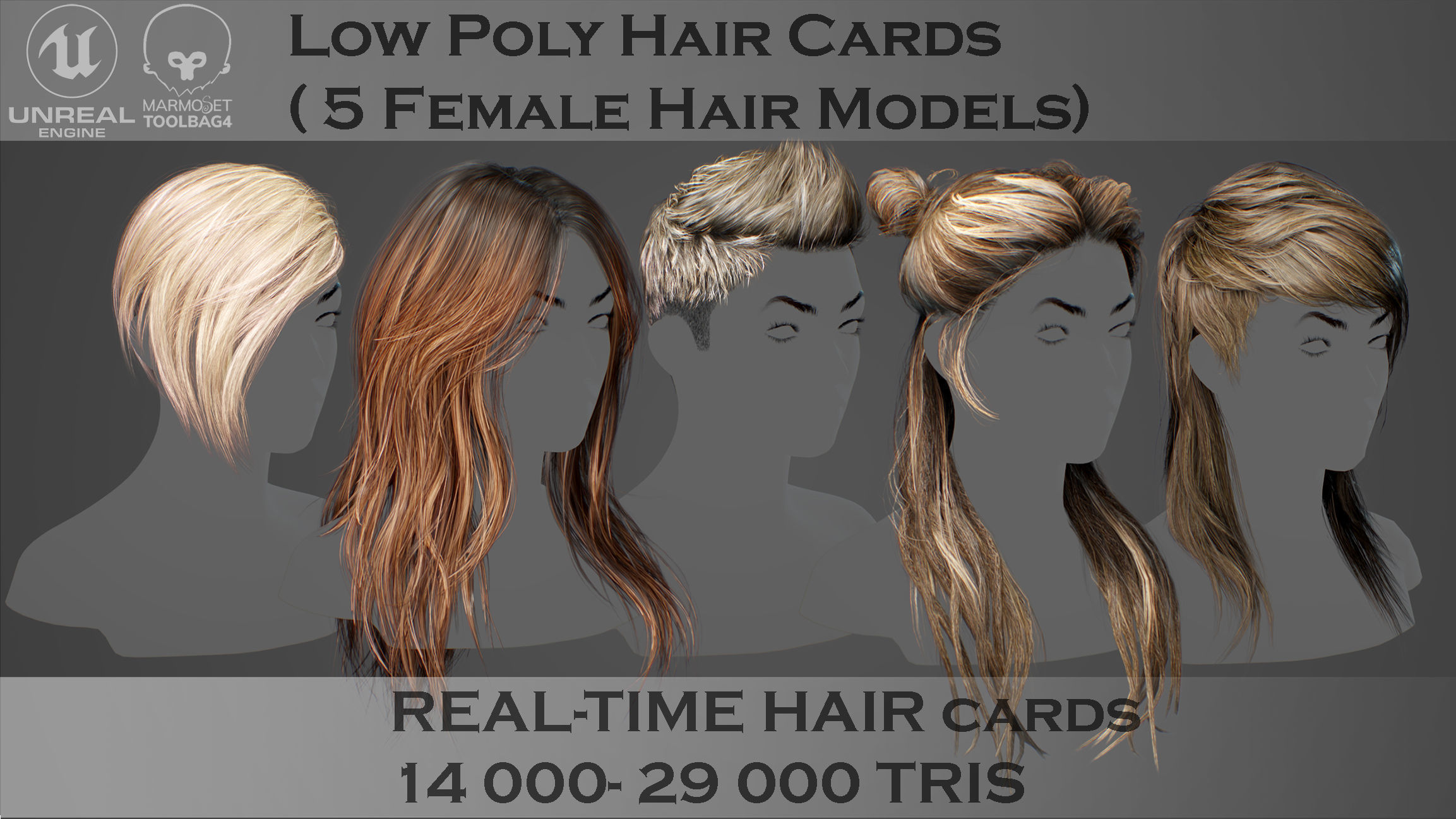 3D model Realistic Hairstyle Pack 5 pieces Real Time Low Poly Cards VR ...