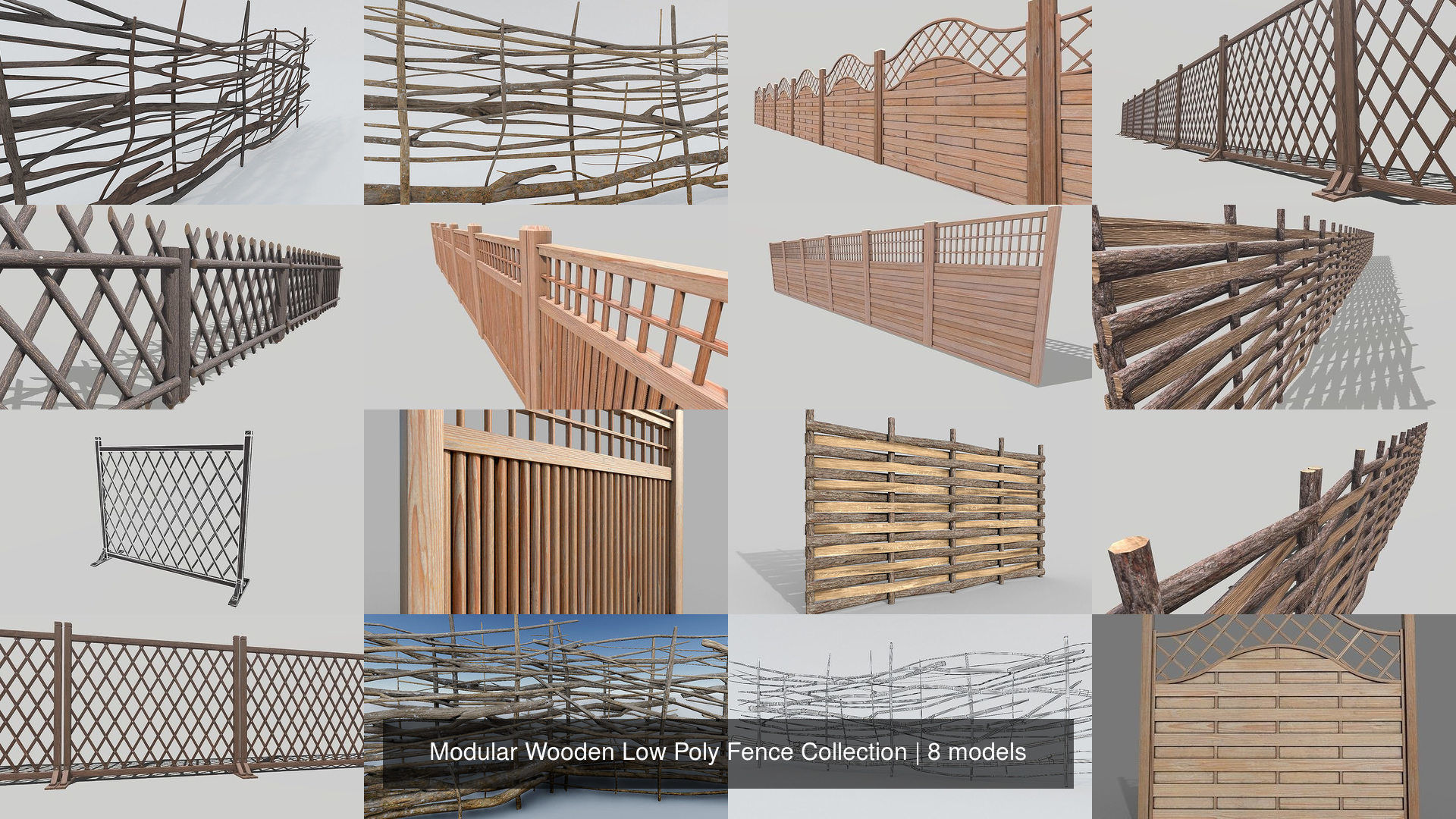 Modular Wooden Low Poly Fence Collection VR / AR / low-poly | CGTrader