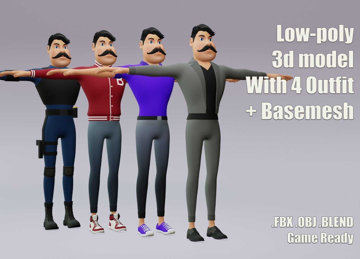 3D model Male cartoon character with 4 outfit VR / AR / low-poly | CGTrader