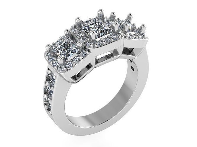 3-Stone Square Halo Ring 1296 3D model 3D printable | CGTrader