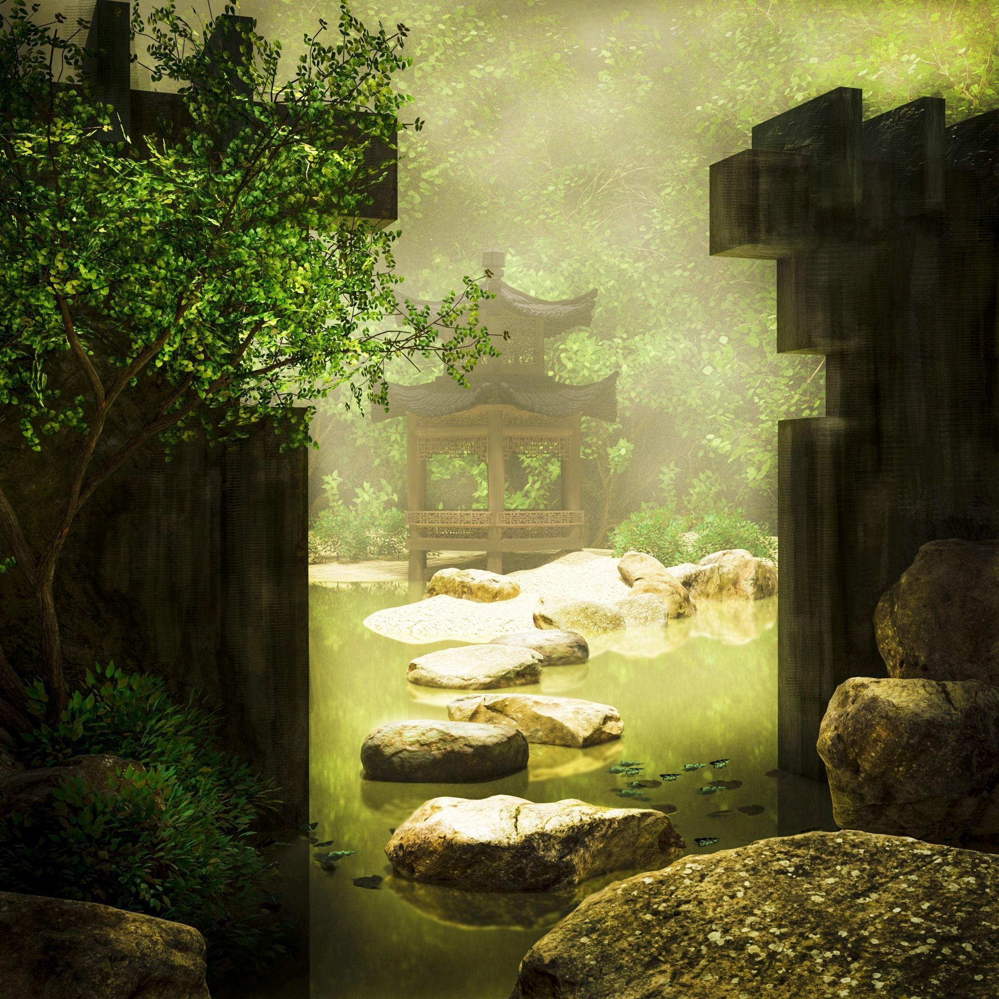 Scene Japanese Environment Tree PBR Assets Shrine Water 3D model 3D ...