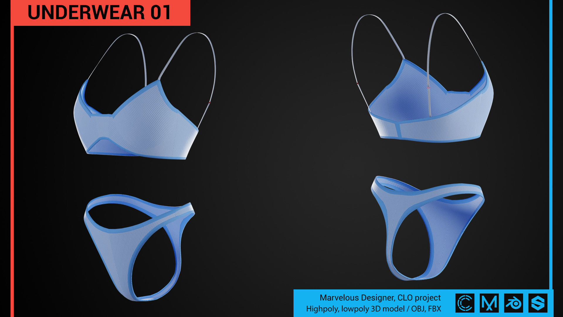 3D model Underwear Marvelous Designer CLO project VR / AR / low-poly ...