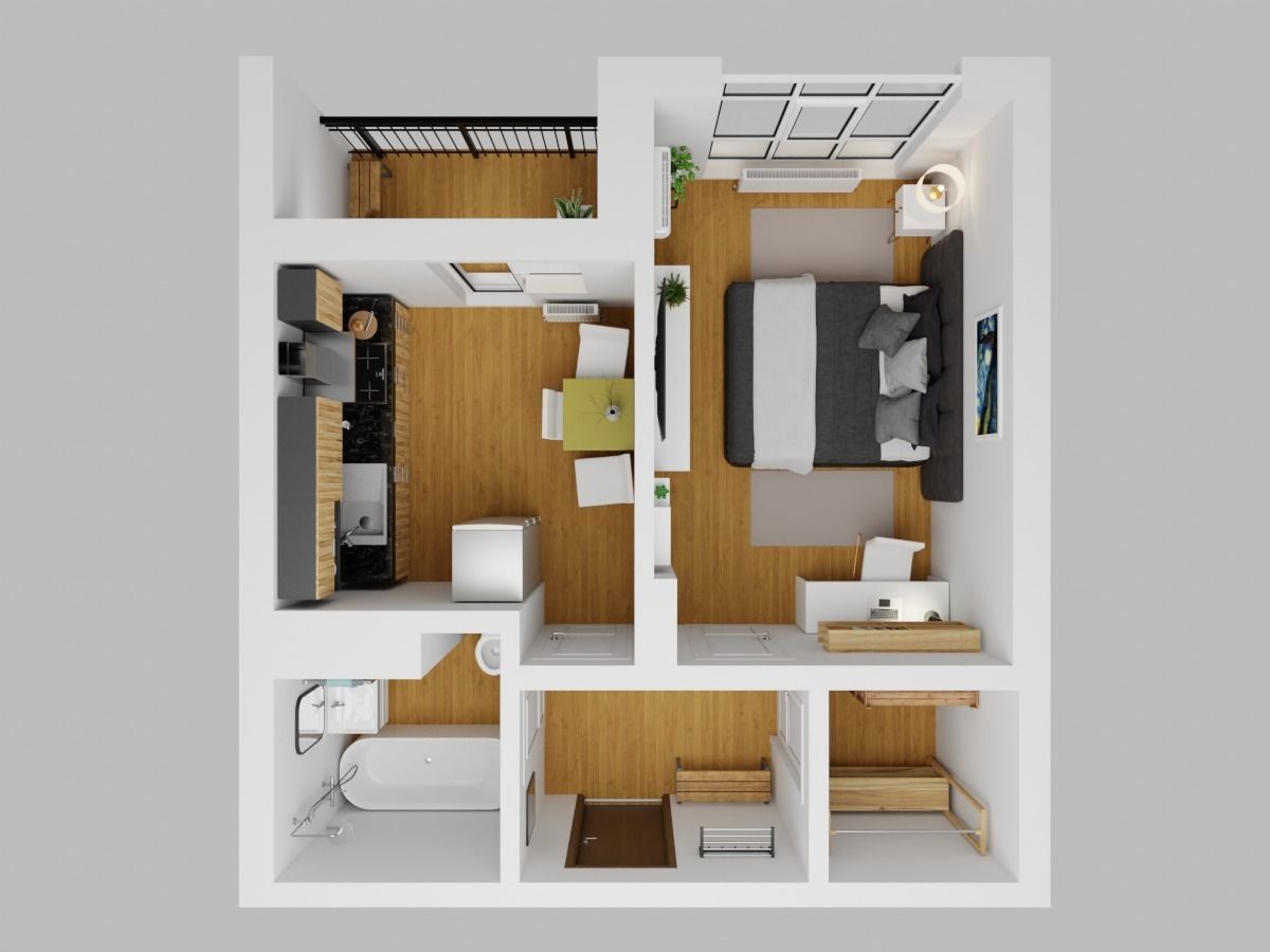 Small 1-bedroom apartment floor plan with balcony free 3D model | CGTrader