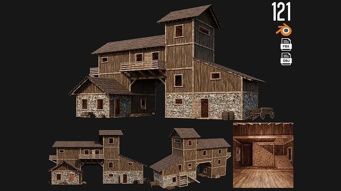 3D model Old Wooden House Building 4K Textures GameReady 121 VR / AR ...
