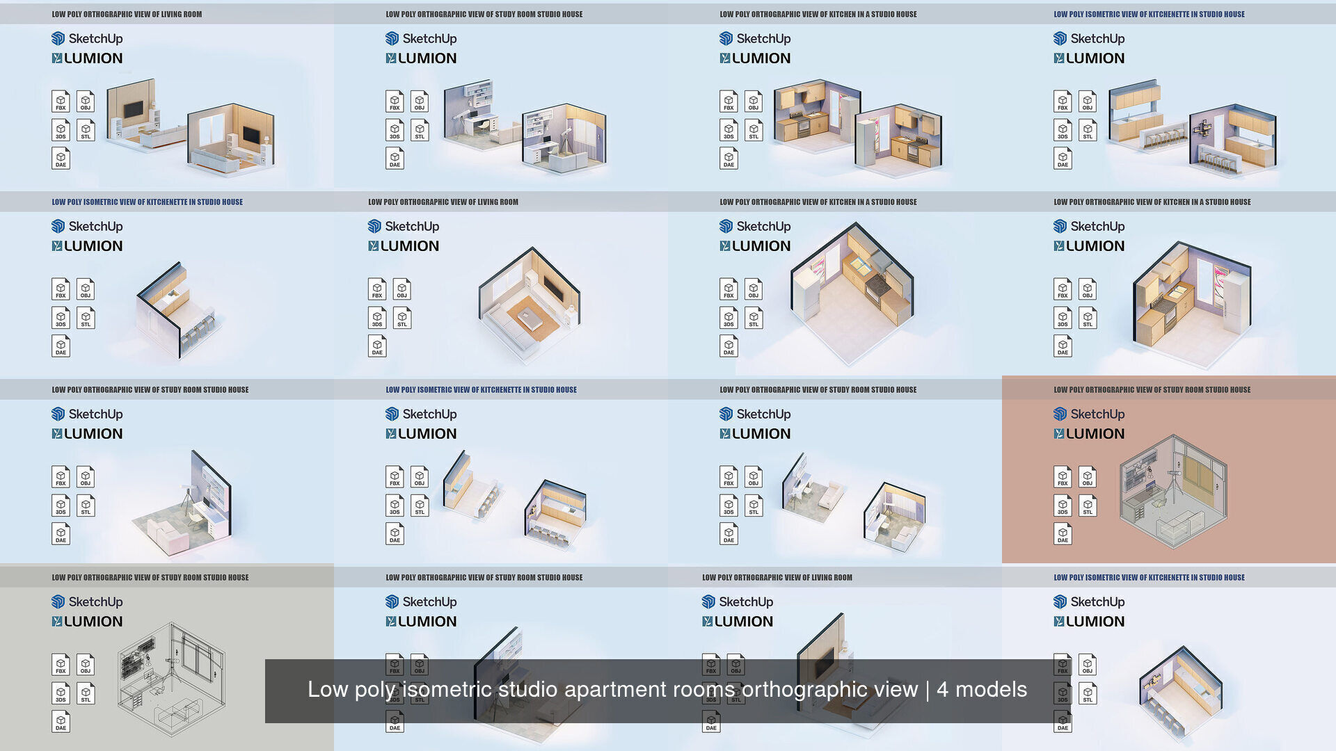 3D Model Collection Low poly isometric studio apartment rooms ...