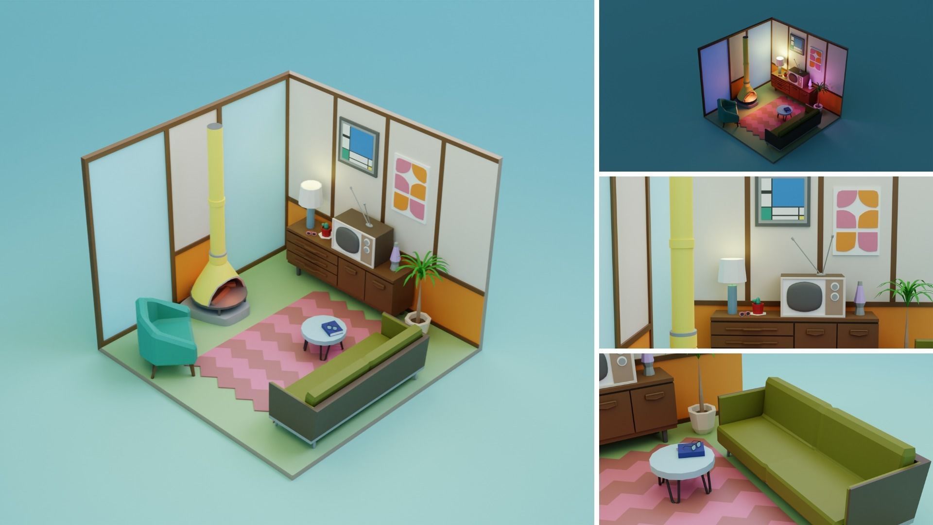 3D model Low Poly Retro Vintage Rooms Interiors VR / AR / low-poly ...