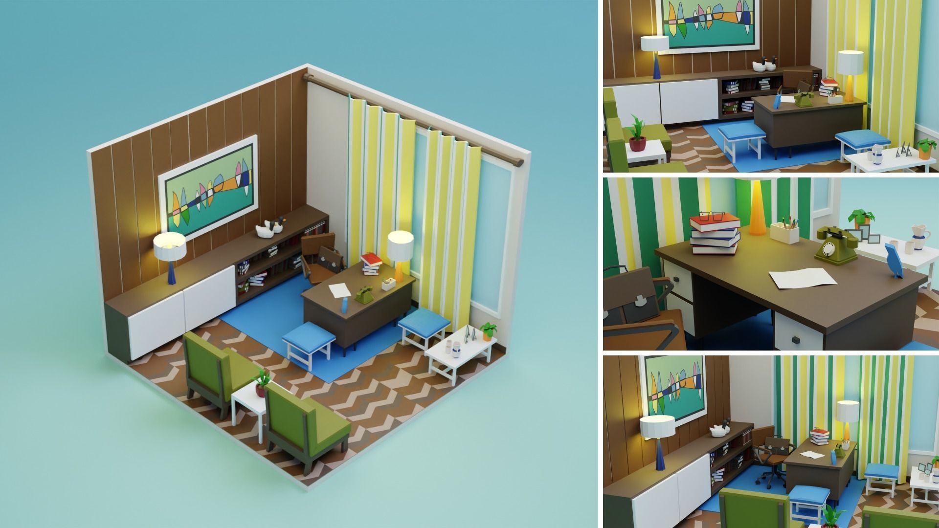 3D model Low Poly Retro Vintage Rooms Interiors VR / AR / low-poly ...